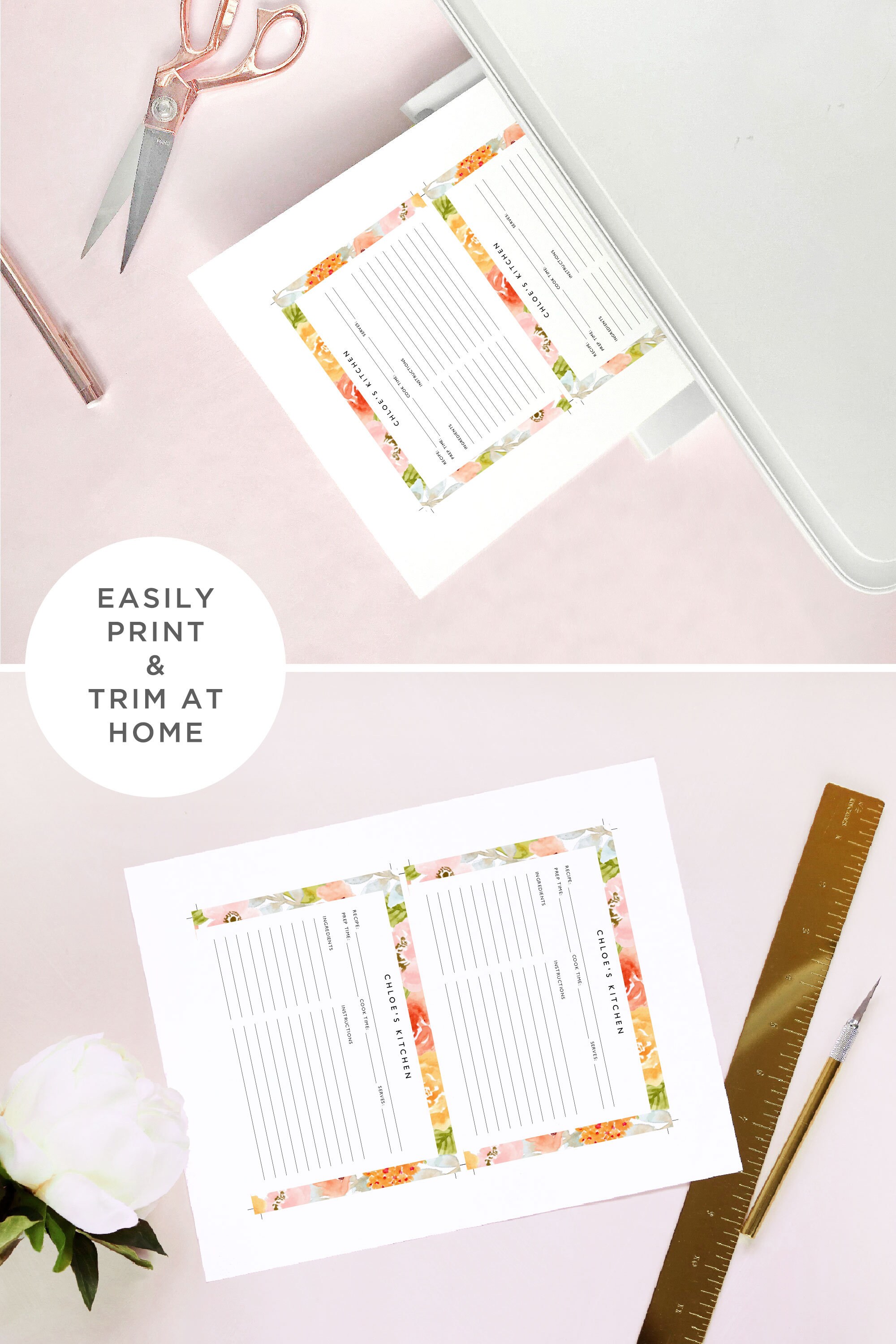 Pink Orange Watercolor Floral Recipe Card Printable Template - Etsy