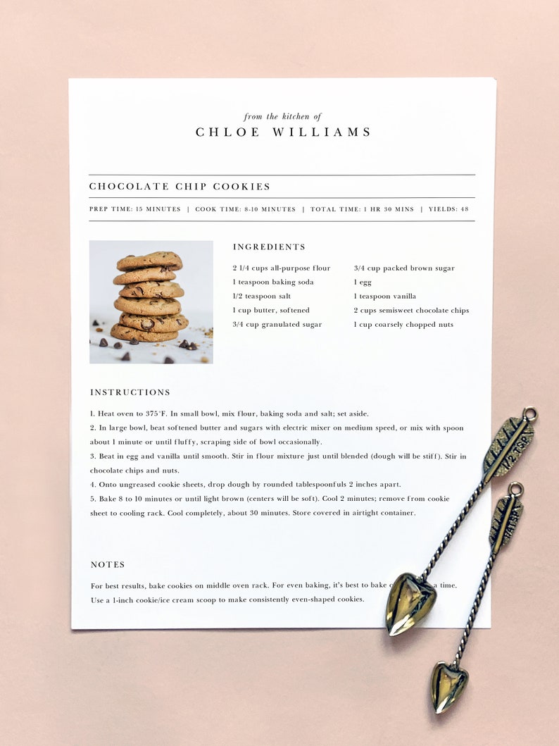 Classic Photo Recipe Page Printable Template Personalized - Etsy