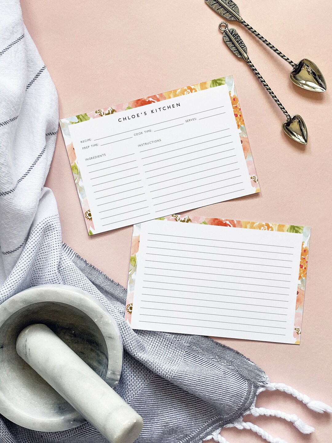 Pink Orange Watercolor Floral Recipe Card Printable Template ...