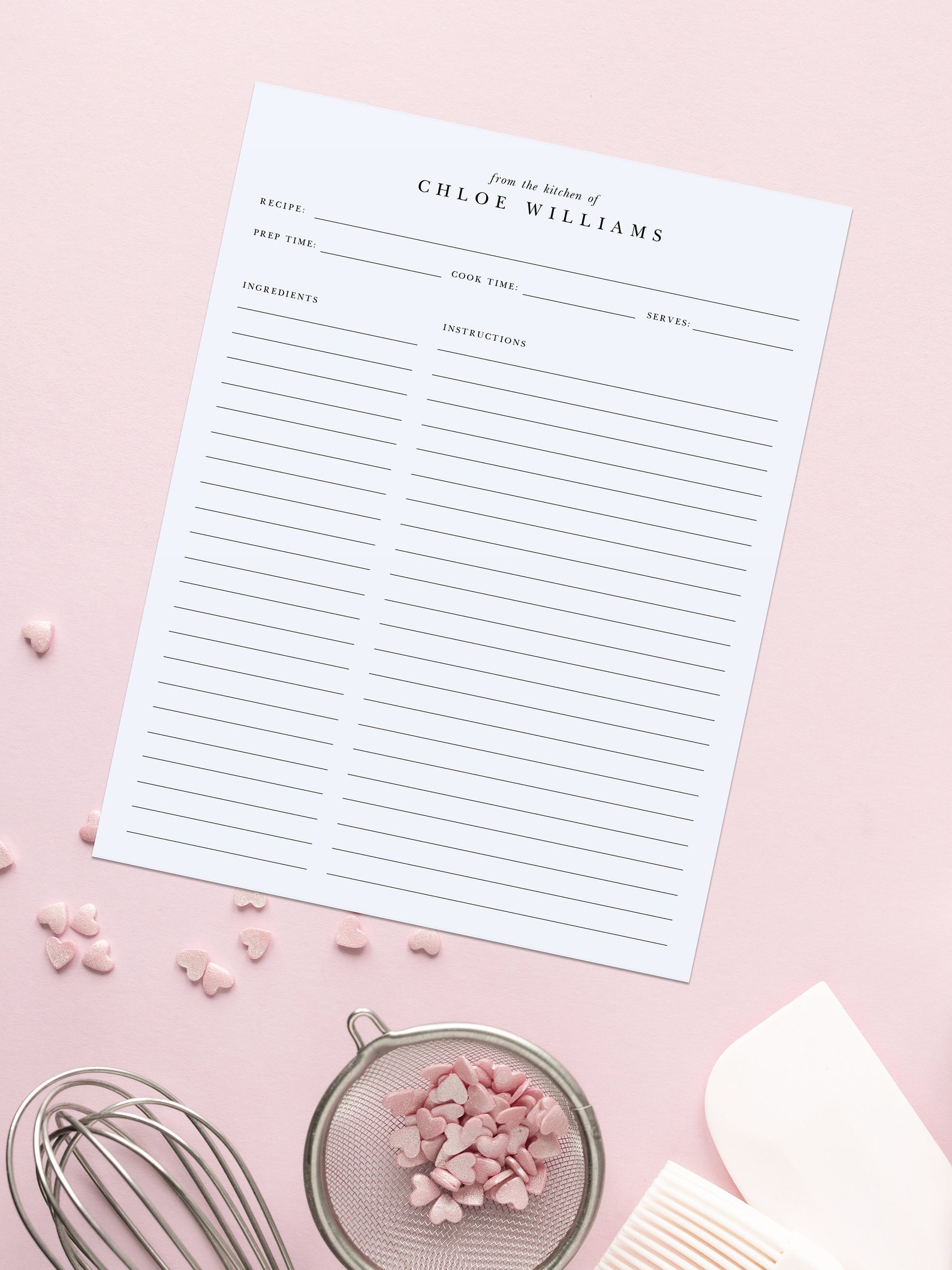 Classic Elegant Recipe Page Printable Template, Personalized Full Sheet ...