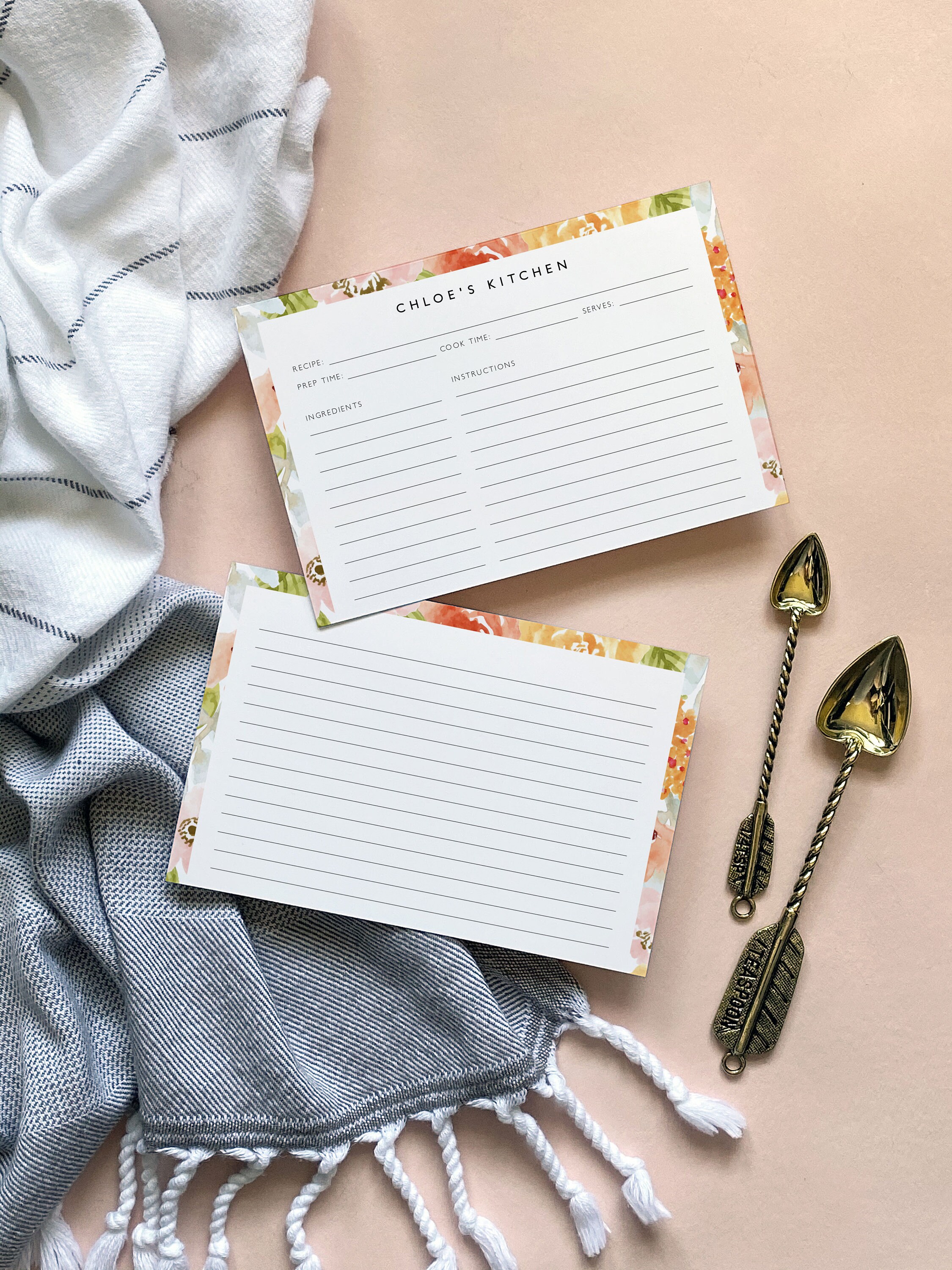 Pink Orange Watercolor Floral Recipe Card Printable Template - Etsy