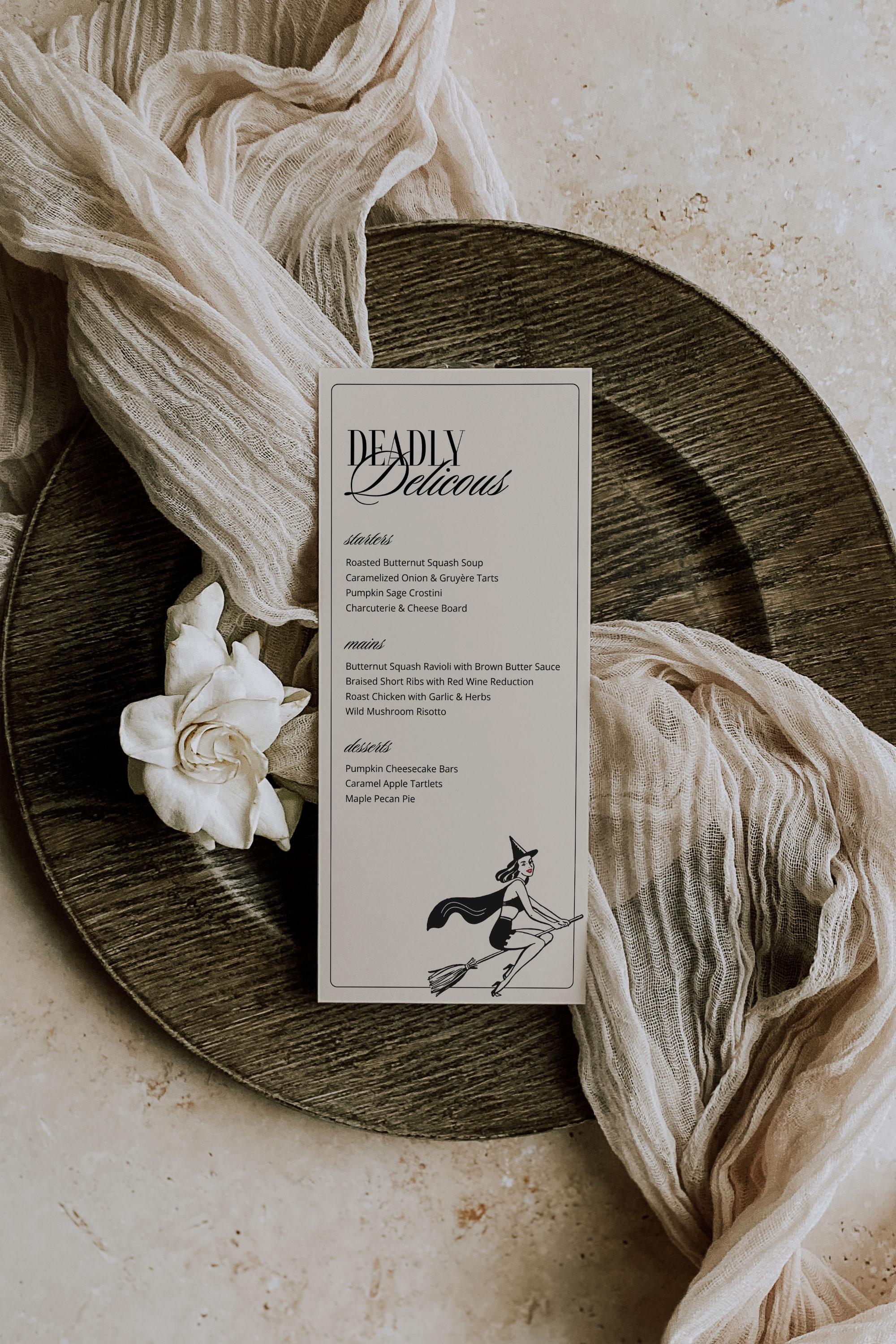 Halloween Party Menu Template, Elegant Witch Halloween Menu, Neutral ...