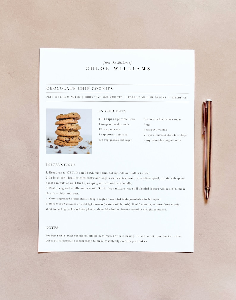 Classic Photo Recipe Page Printable Template Personalized - Etsy