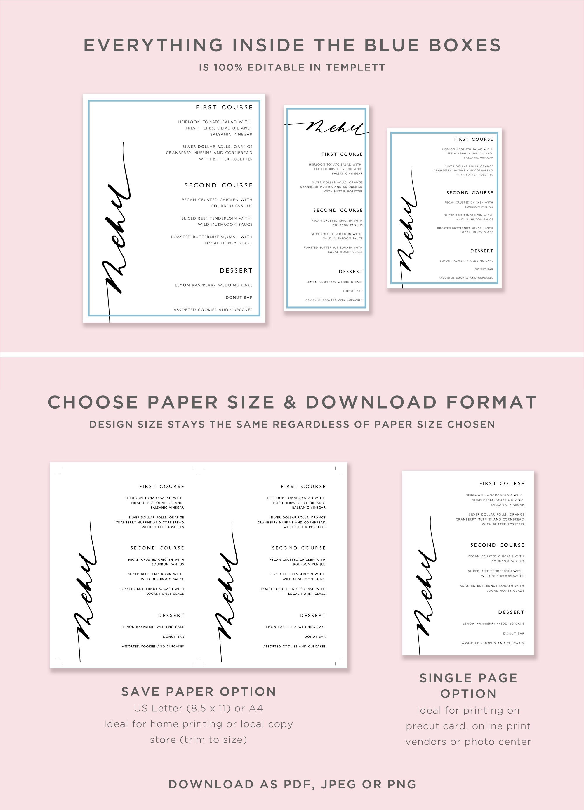 Modern Script Calligraphy Wedding Menu Editable Template - Etsy
