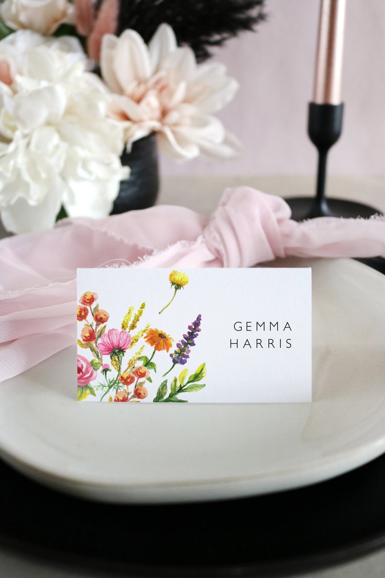 Watercolor Floral Place Card Template, Colorful Floral Printable Food ...