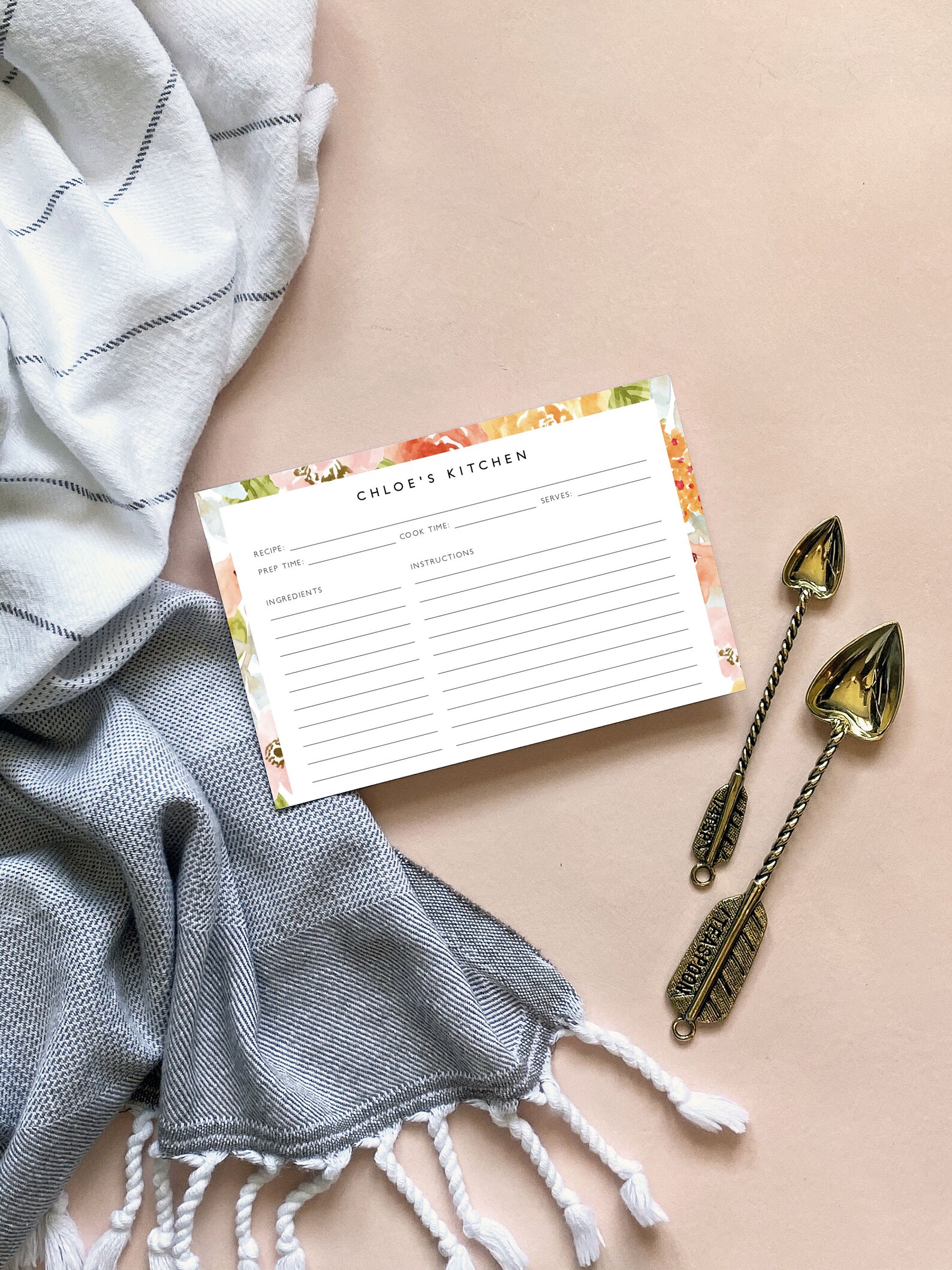 Pink Orange Watercolor Floral Recipe Card Printable Template - Etsy