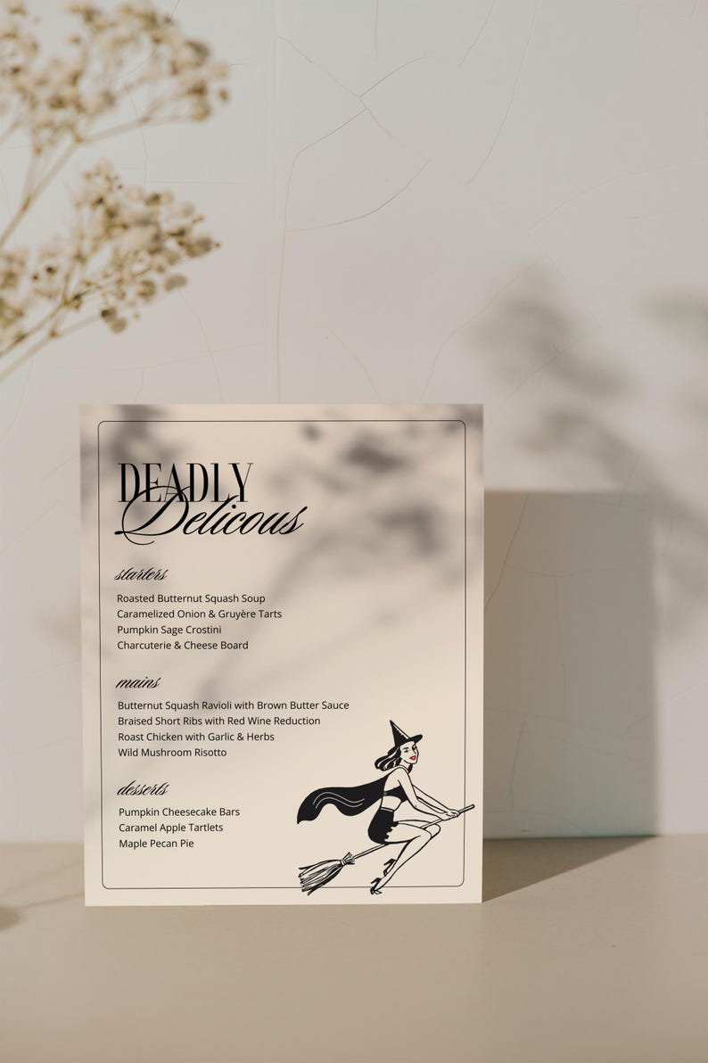 Halloween Party Menu Template, Elegant Witch Halloween Menu, Neutral ...