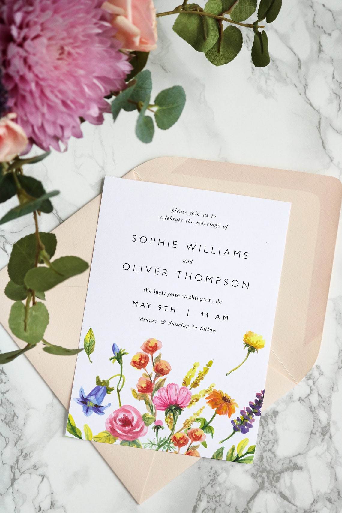 Wildflower Wedding Invitation Template Modern Watercolor | Etsy