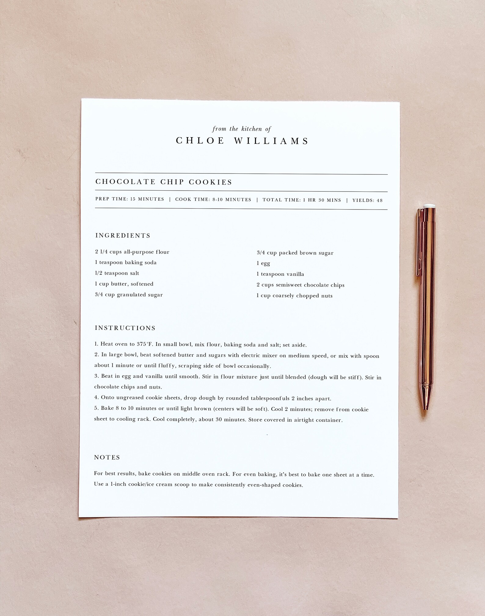 Classic Recipe Page Template, Personalized Full Sheet Recipe, Elegant ...