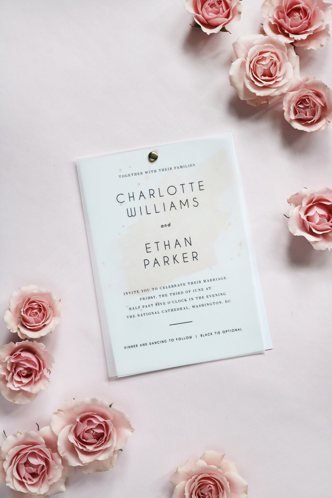 Blush Pink Watercolor Vellum Wedding Invitation, Transparent Vellum ...