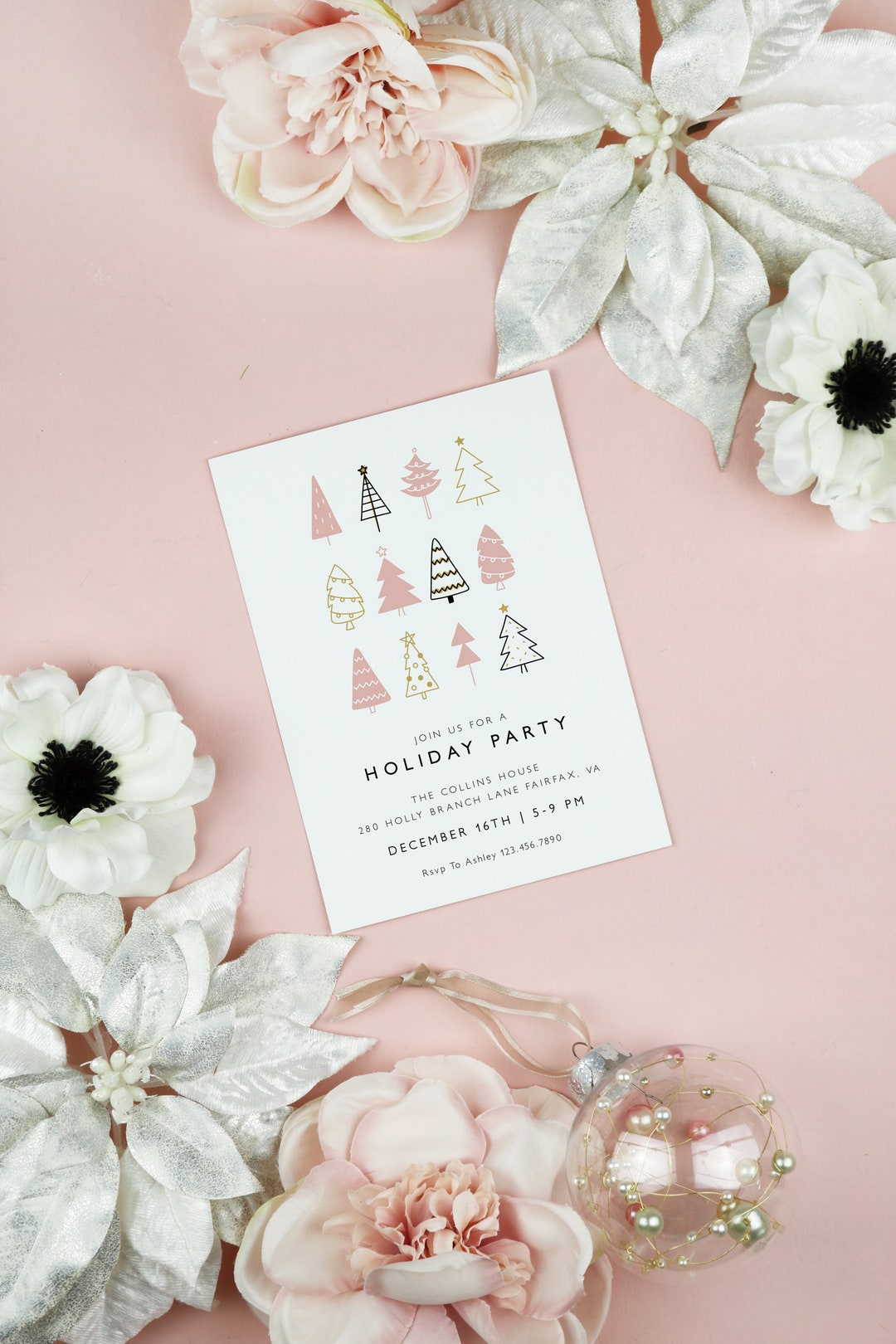 Christmas Party Invitation Template, Pink Holiday Party Invitation ...