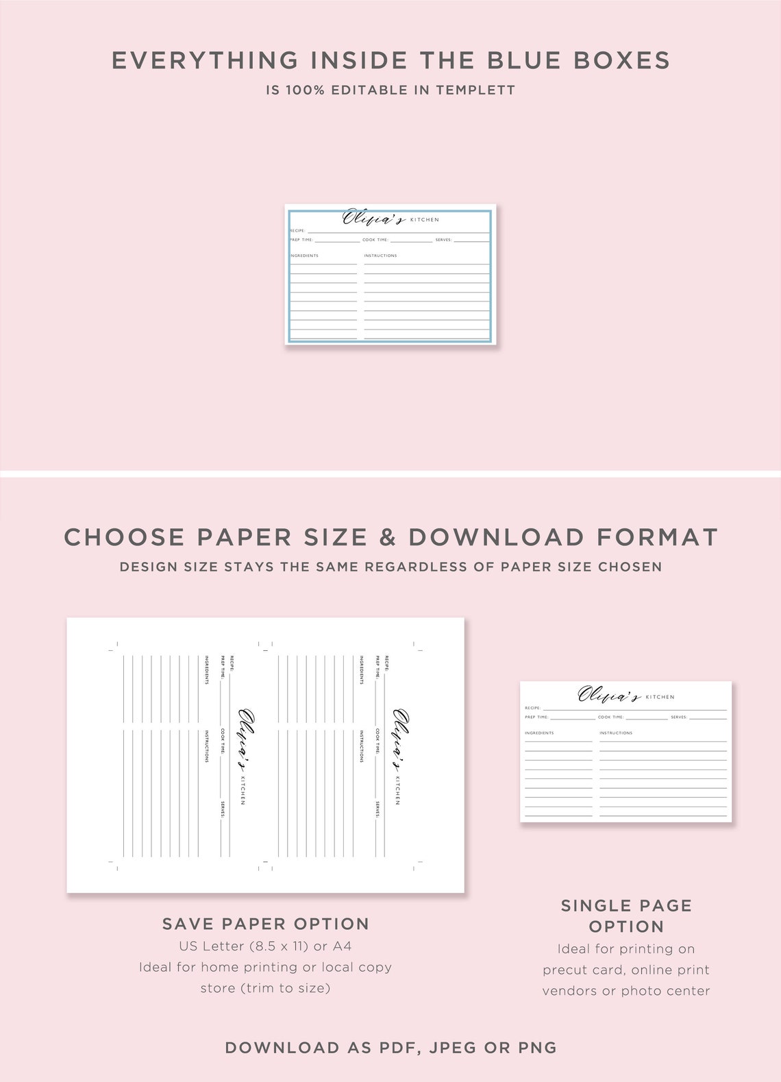 Modern Script Calligraphy Recipe Card Printable Template - Etsy