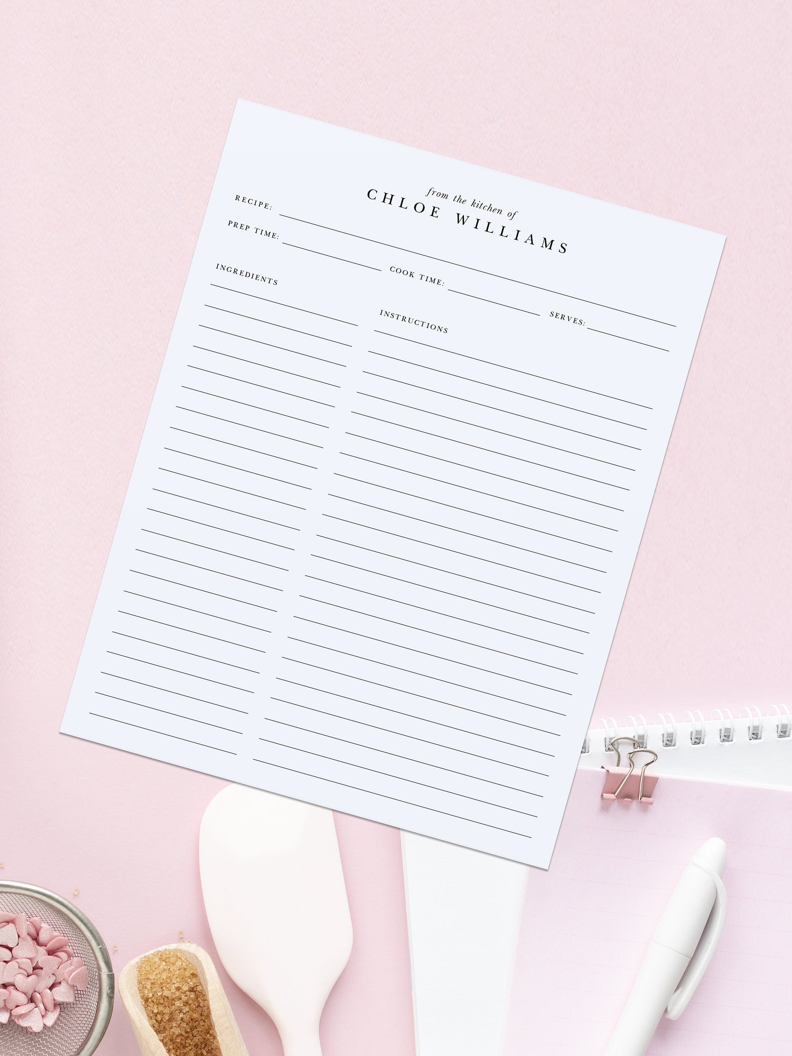 Classic Elegant Recipe Page Printable Template, Personalized Full Sheet ...
