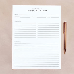 Classic Elegant Recipe Page Printable Template, Personalized Full Sheet ...