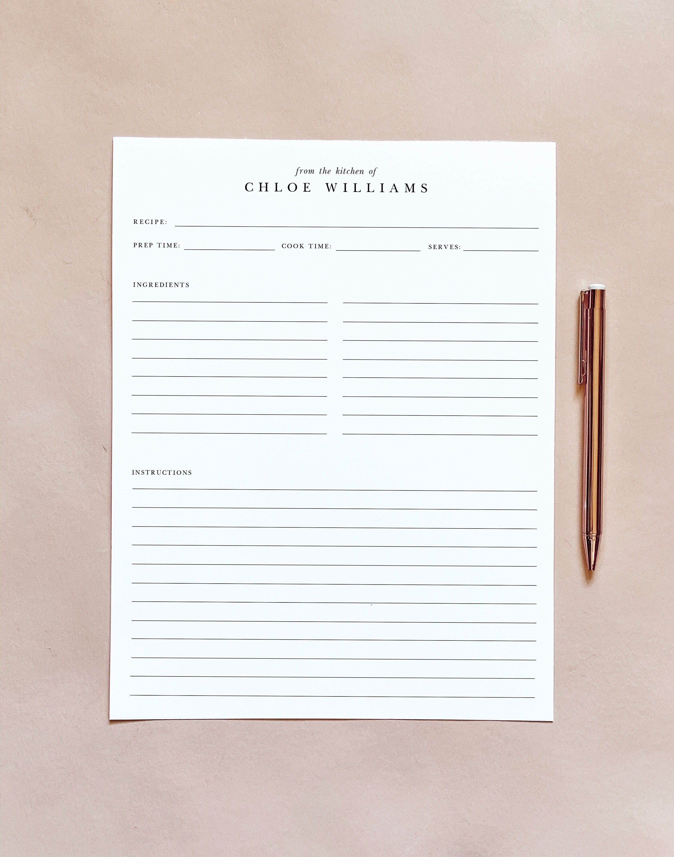 Classic Elegant Recipe Page Printable Template, Personalized Full Sheet ...