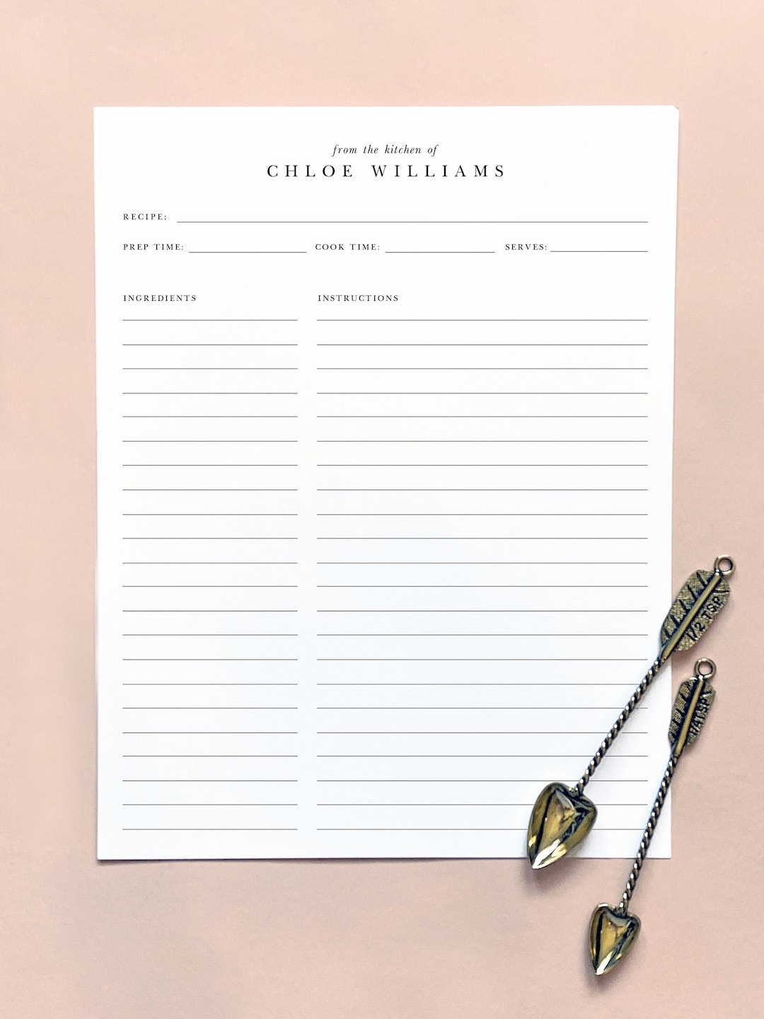 Classic Elegant Recipe Page Printable Template, Personalized Full Sheet ...