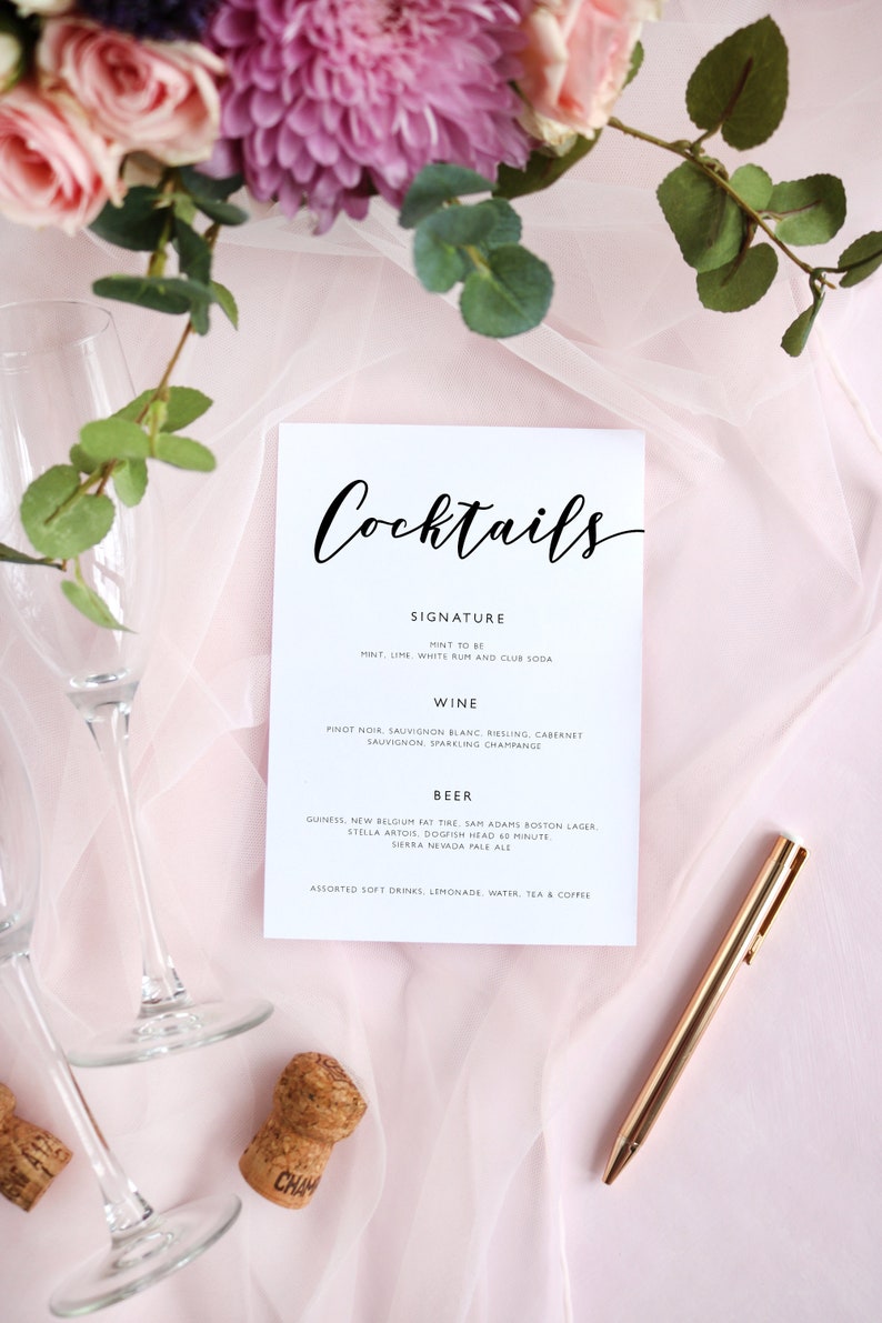 ELOISE Modern Script Calligraphy Cocktail Menu Template | Etsy