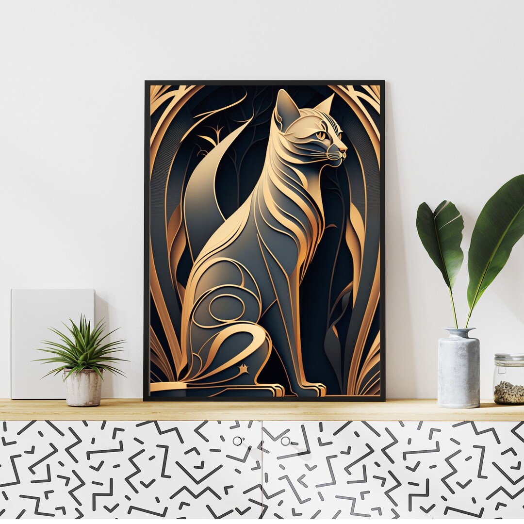 Golden Feline Glamour: Art Deco Cat Print - Black and Gold - Stunning ...