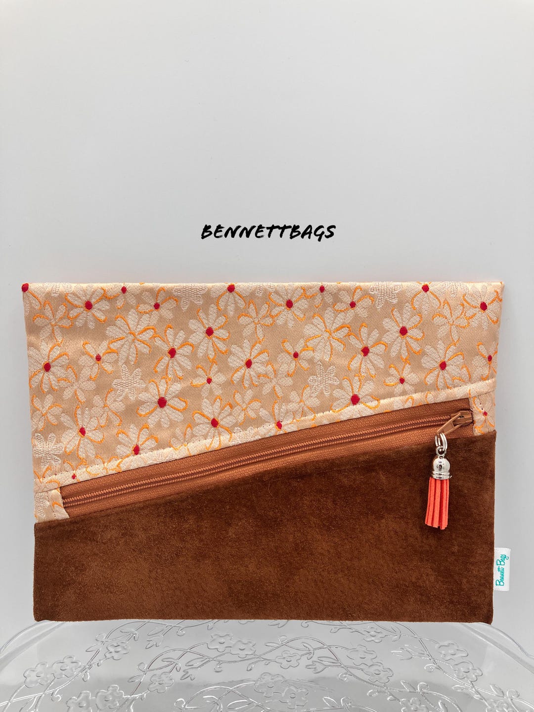 Silk Brocade and Suede Diagonal Zipper Pouch Lined Pouch Travel Storage ...