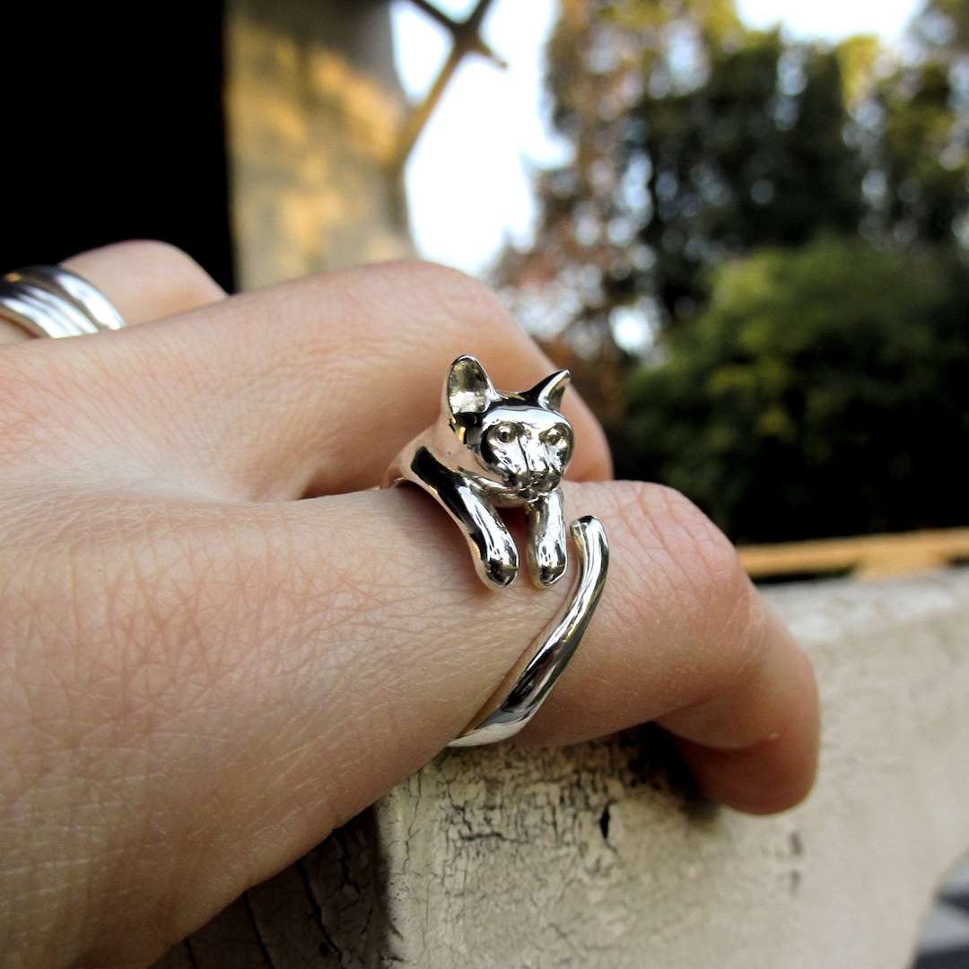Cat Ring, 925 Silver Cat Hug Ring, Bijou Kitten, Cat Adjustable Ring ...