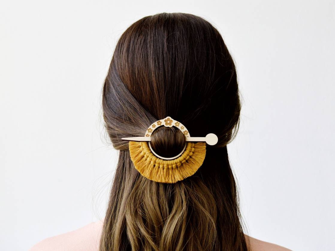 Fall Macrame Circle Barrette With Wooden Hair Stick Macrame - Etsy
