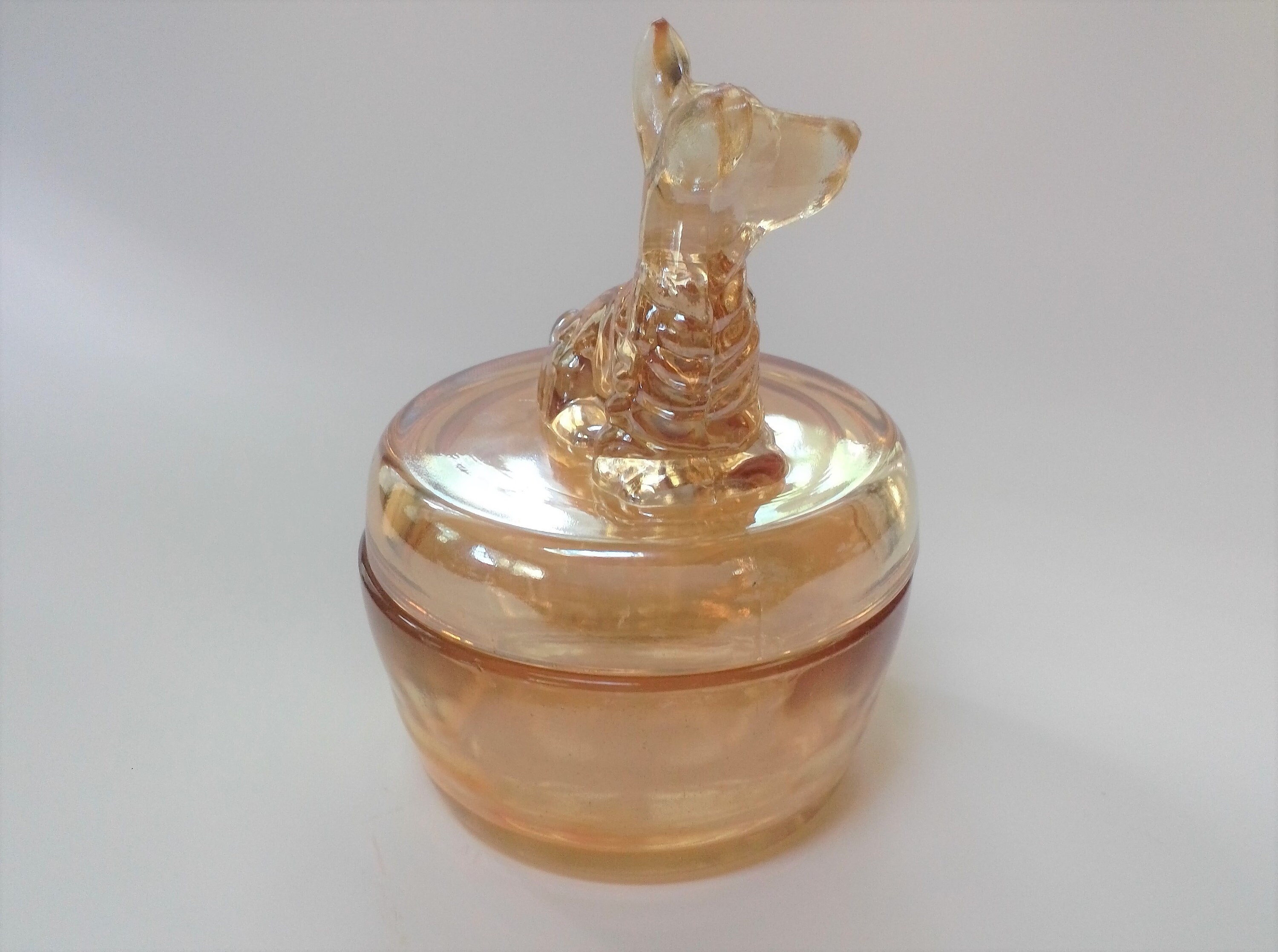 Vintage Art Deco Iridescent Amber Glass Scottie Dog Dresser Jar, Ca ...
