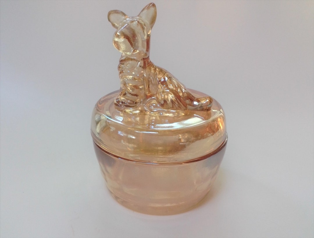 Vintage Art Deco Iridescent Amber Glass Scottie Dog Dresser Jar, Ca ...