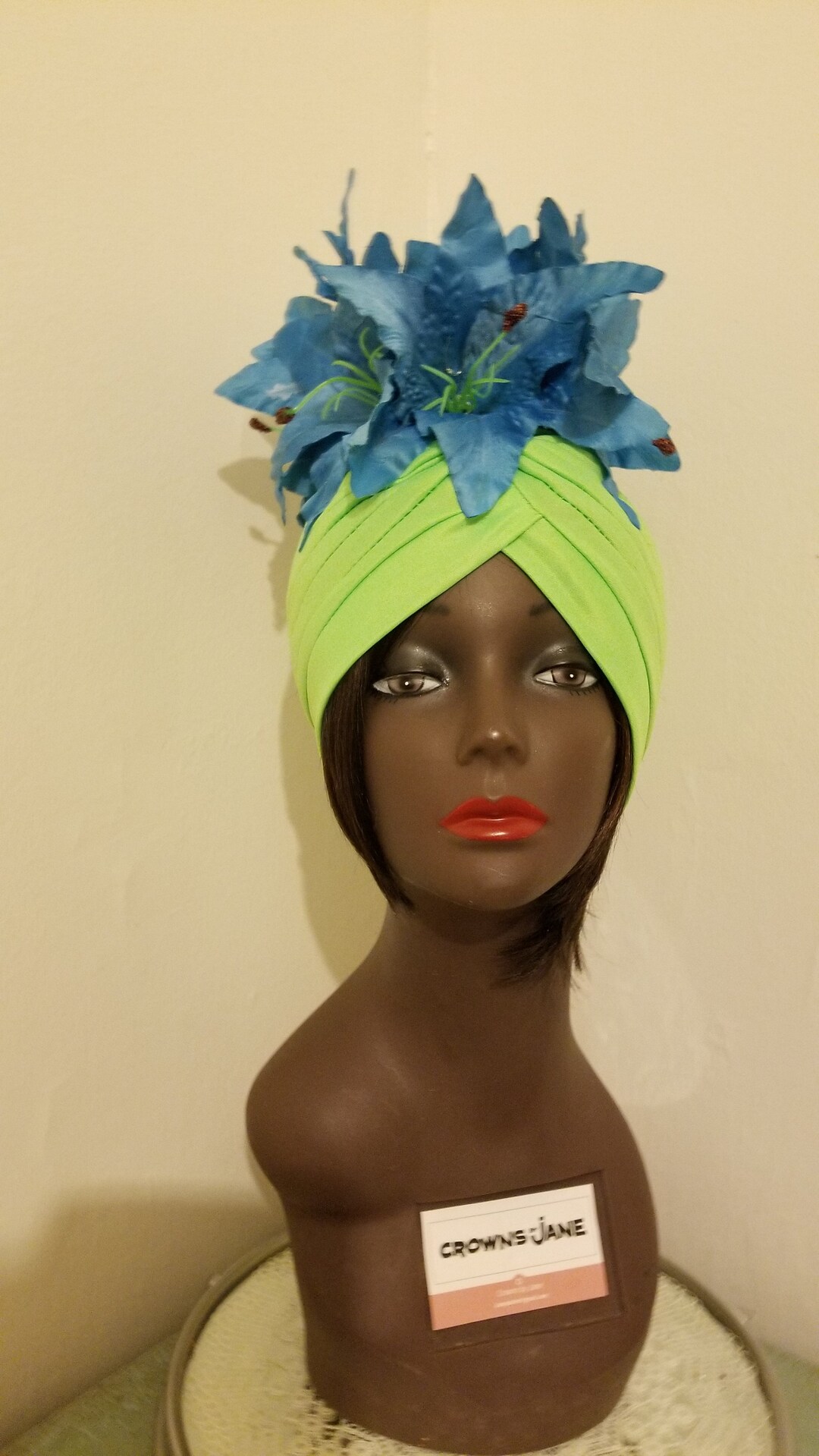 Easter Bonnet Styled Lighted Floral Lime Greenturban With Blue Lilies ...