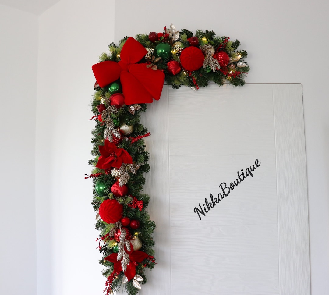 Bright Red Velvet Bow Corner Swag Christmas Swag Holiday - Etsy