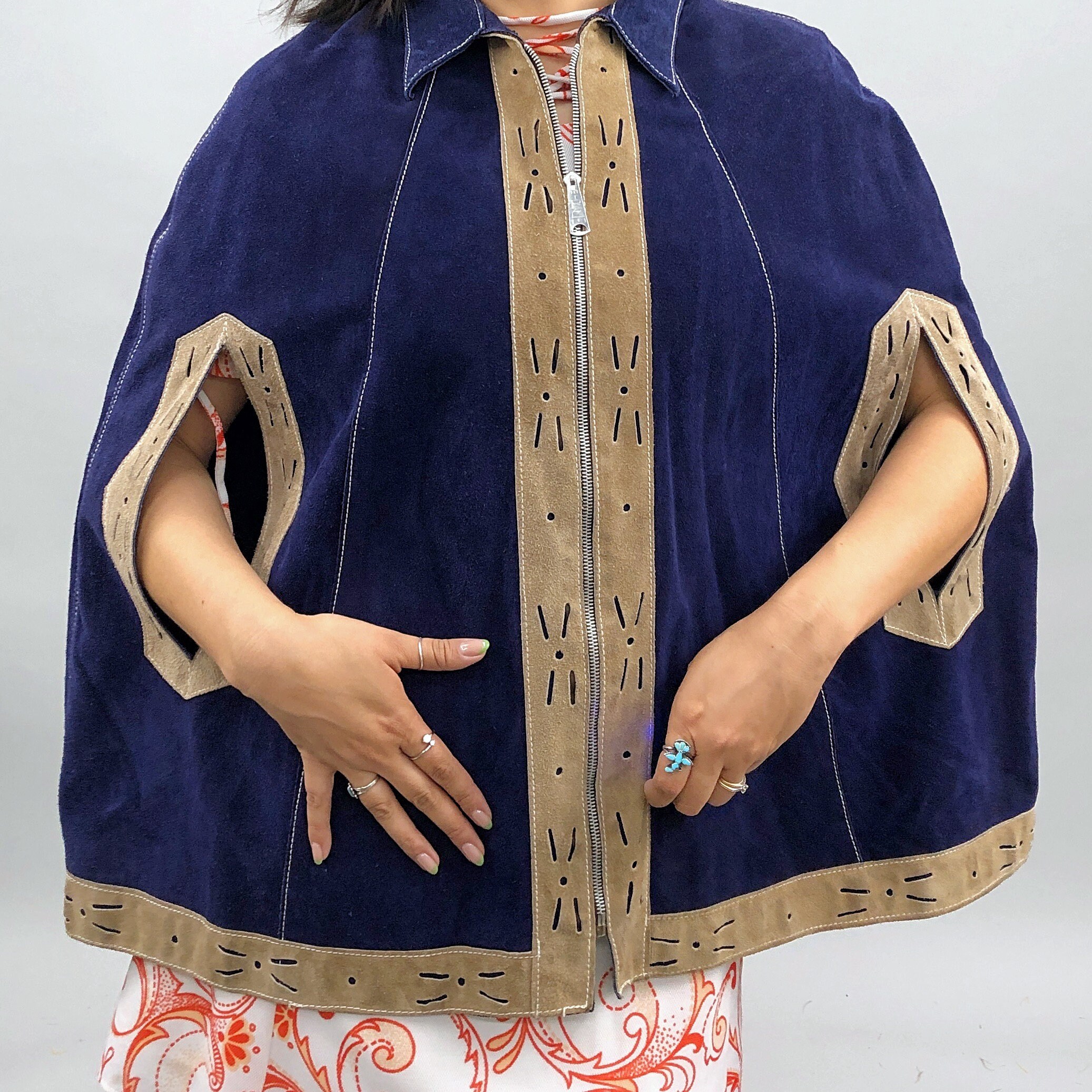 1960s Suede Zip up Poncho, 60s 70s Suede Two Tone Cape, Festival ...
