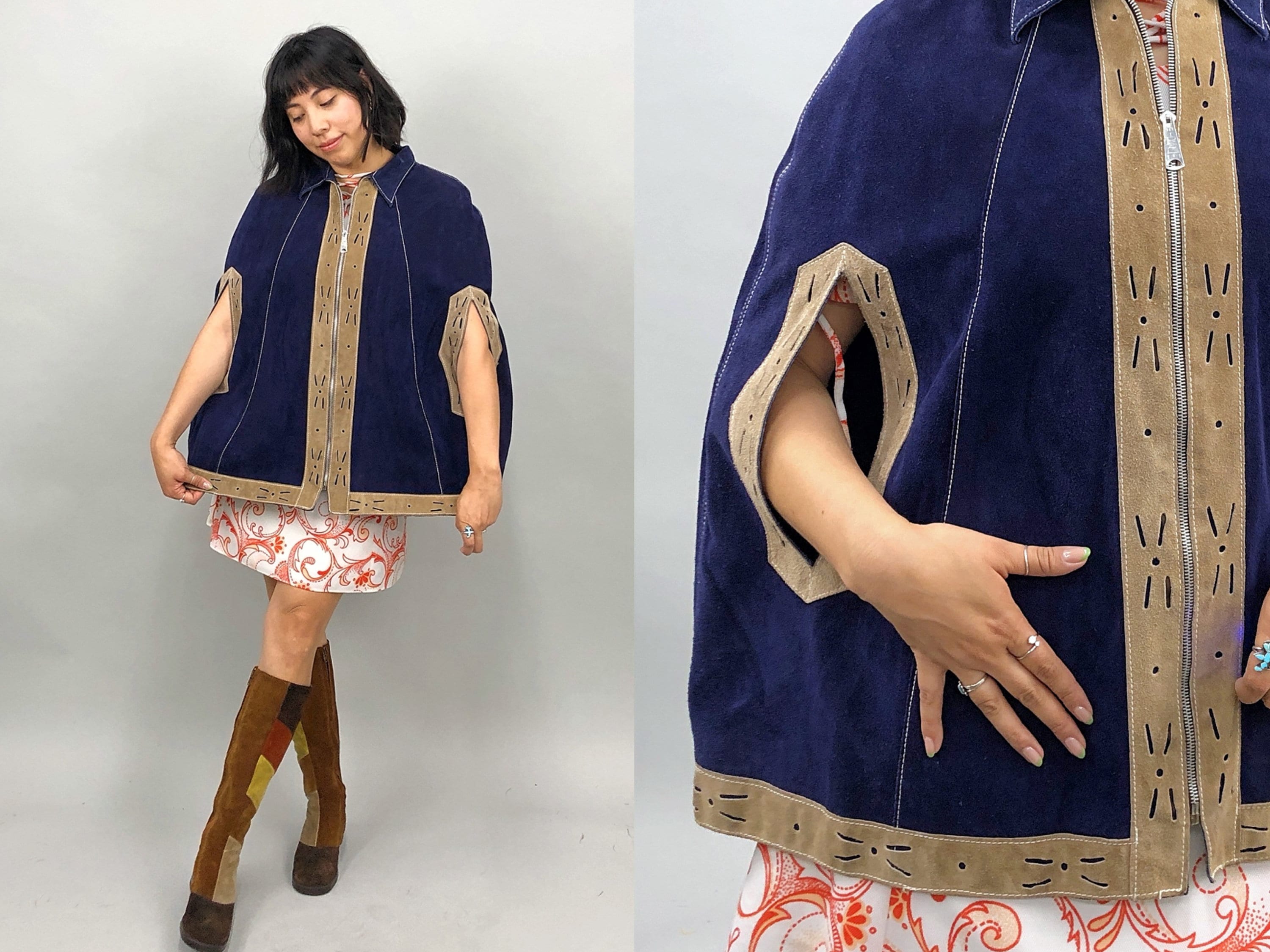 1960s Suede Zip up Poncho, 60s 70s Suede Two Tone Cape, Festival ...