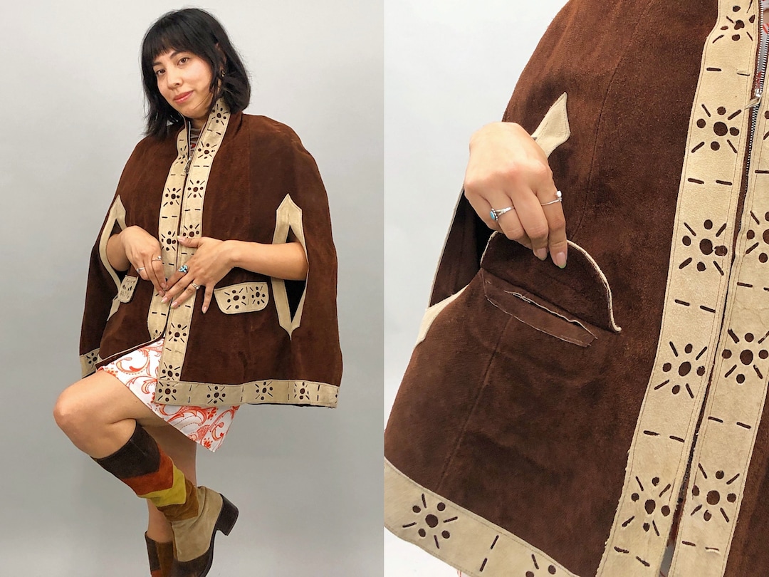 1960s Tan & Brown Suede Zip up Poncho, 60s 70s Suede Two Tone Cape ...