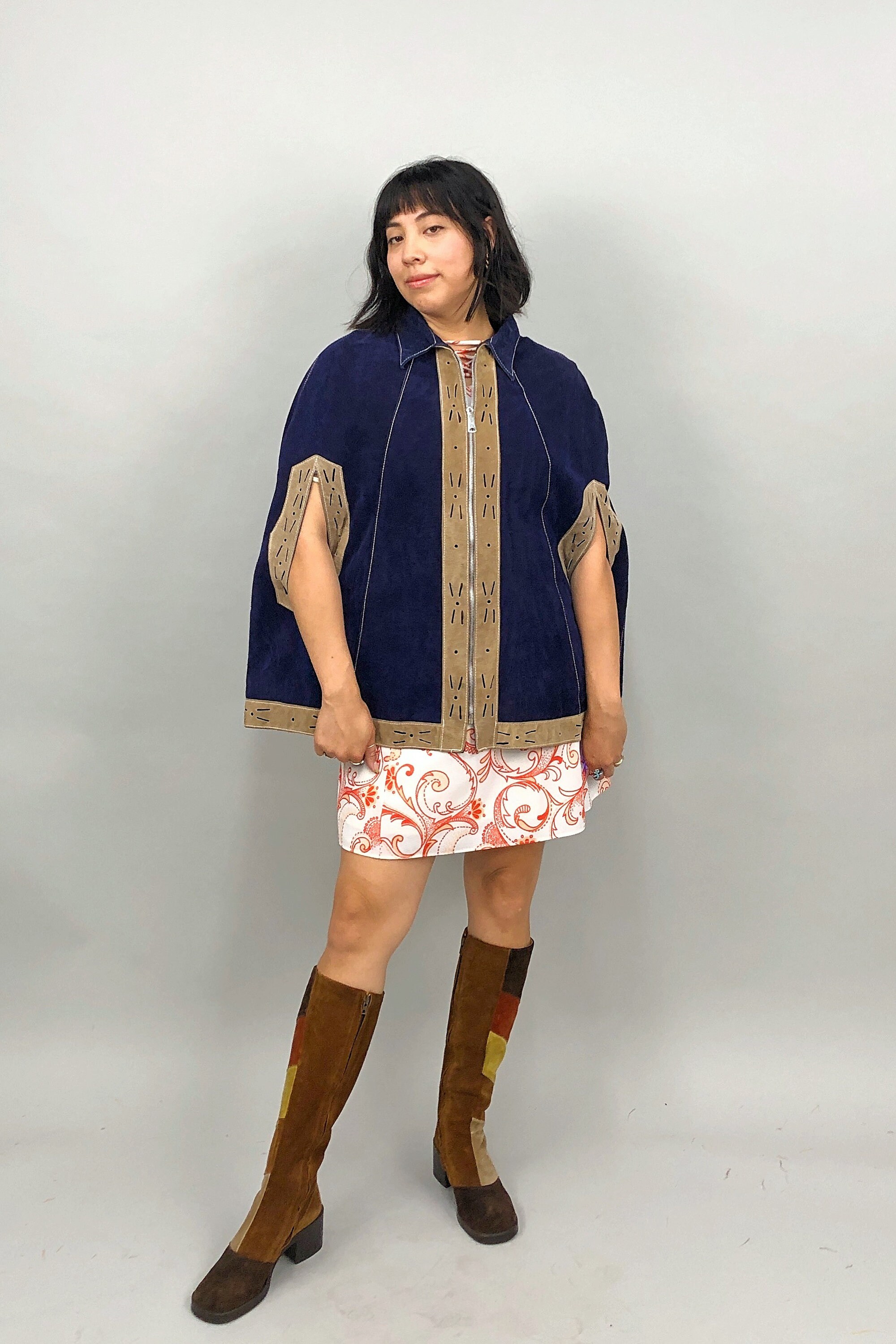 1960s Suede Zip up Poncho, 60s 70s Suede Two Tone Cape, Festival ...