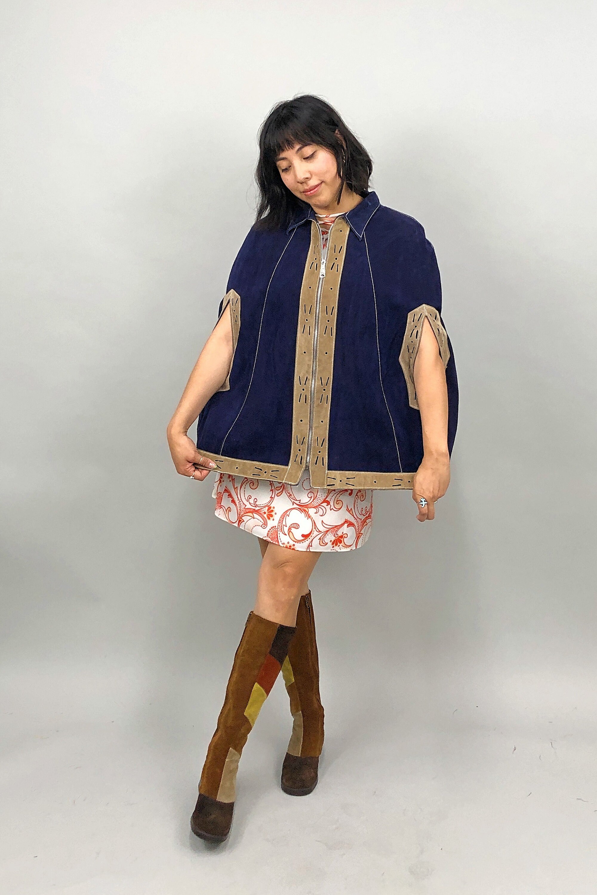 1960s Suede Zip up Poncho, 60s 70s Suede Two Tone Cape, Festival ...