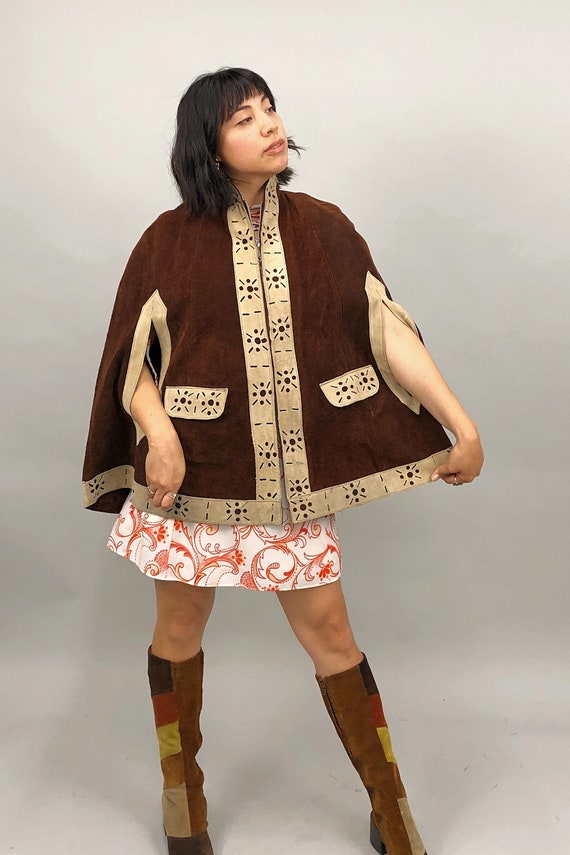 1960s Tan & Brown Suede Zip Up Poncho, 60s 70s Suede … - Gem