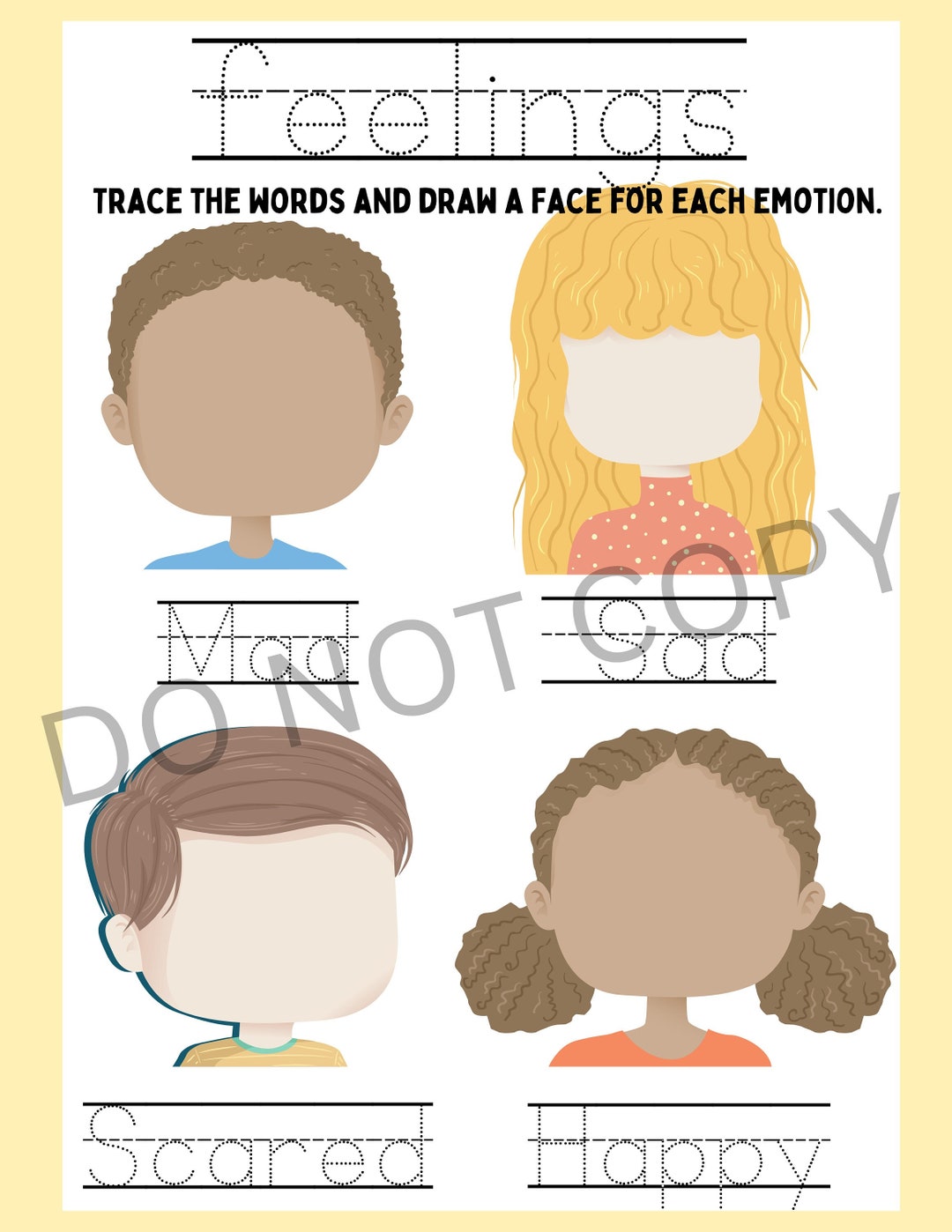 PRINTABLE 4 FEELINGS Worksheet, Preschool Worksheet, Emotions, Toddler ...