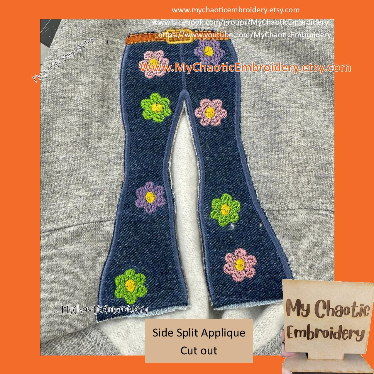5x7 Bell Bottoms Pants Jeans Flower Hippy Side Split Hem Applique ...