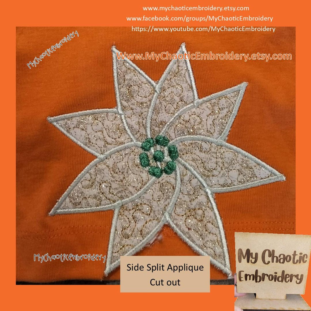4x4 & 5x7 Poinsettia Flower Side Split Hem Applique Cutwork Embroidery ...