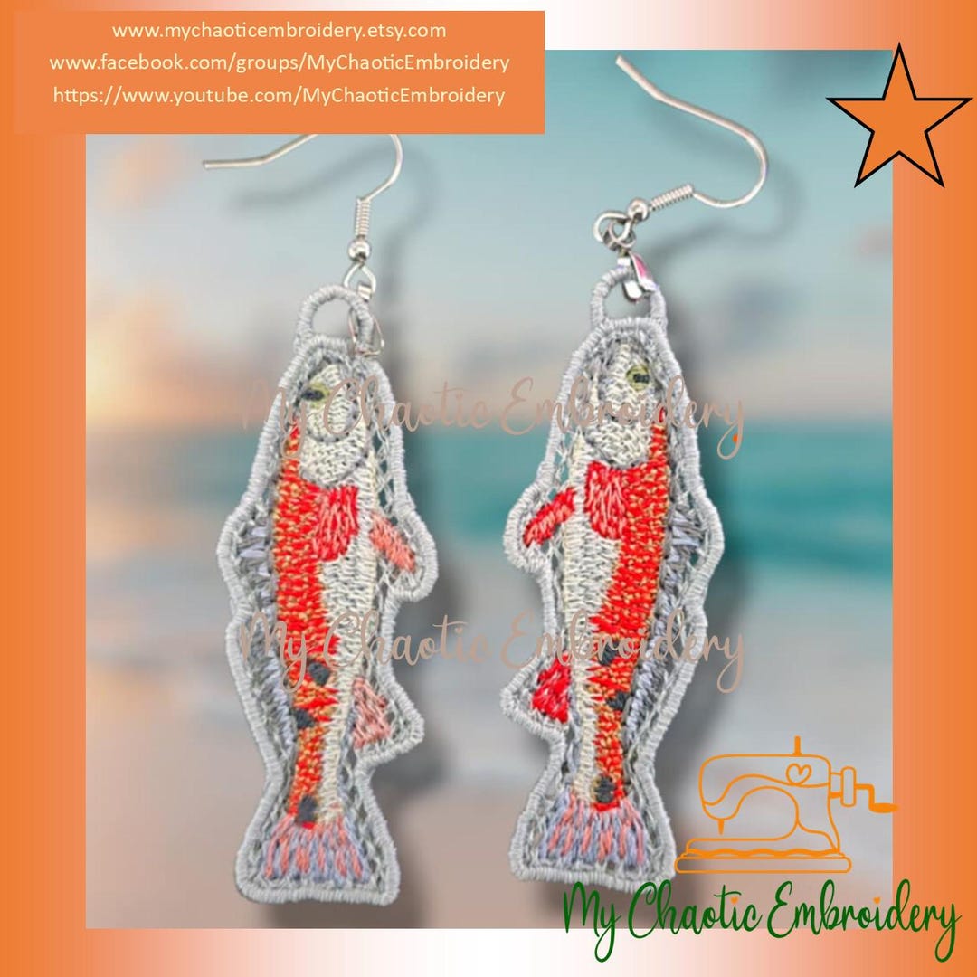 4x4 FSL Free Standing Lace Redfish Red Fish Fishing Bait Lure Earrings ...