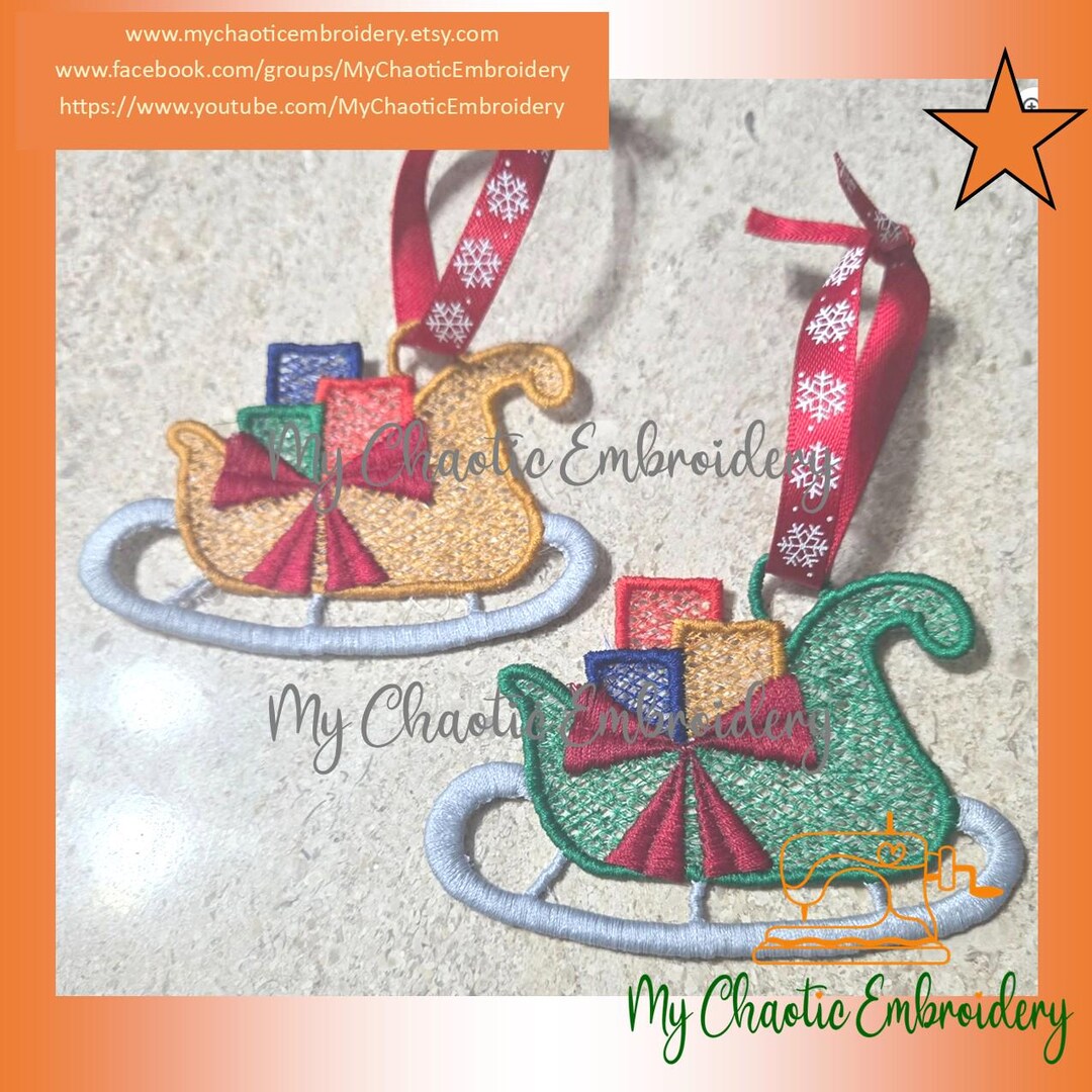 4x4 Hoop FSL Sleigh With Gifts Presents Barrette Brooch Hanger Free ...