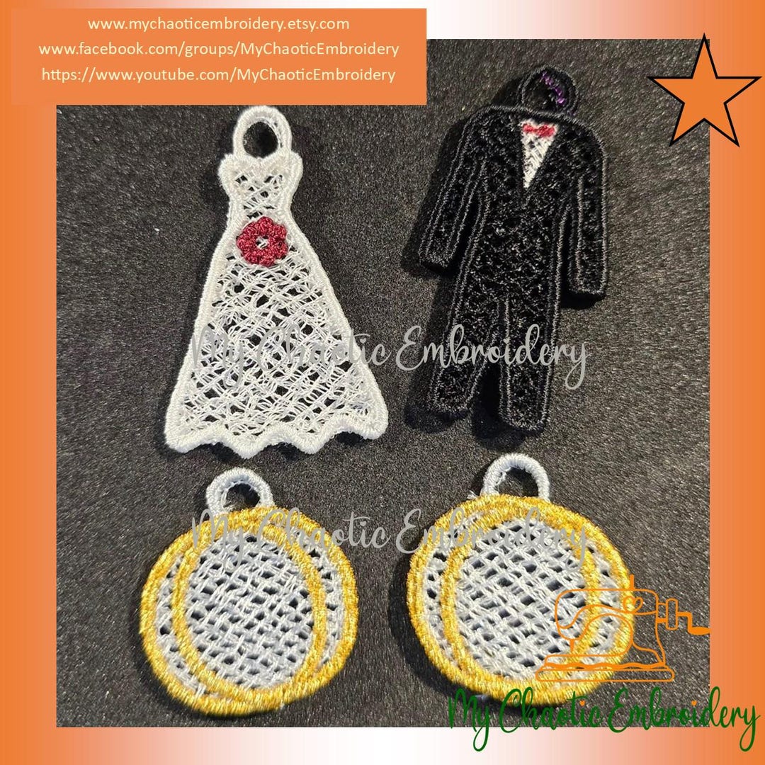 4x4 FSL Free Standing Lace Bride Gown Groom Tux Wedding Rings Earrings ...