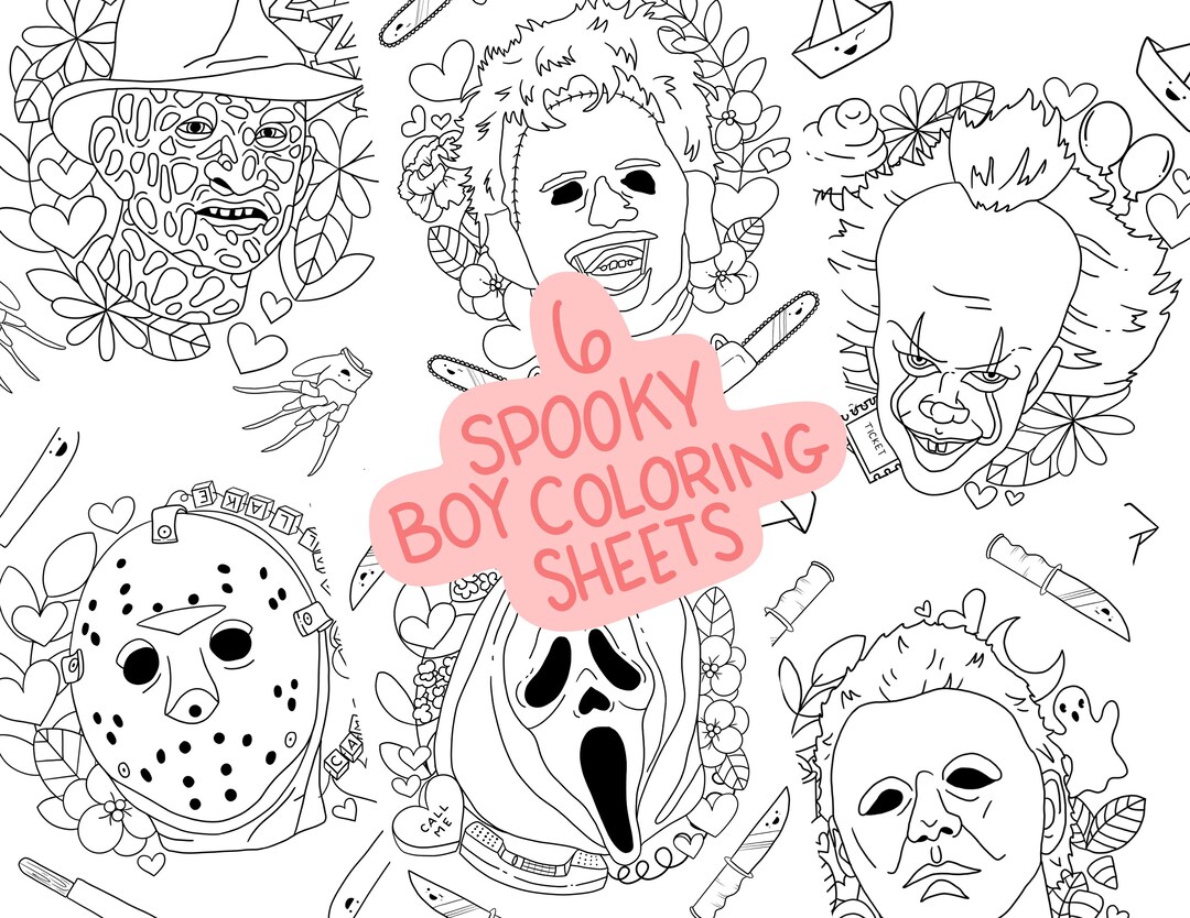 Spooky Boy Coloring Sheet Pack - Digital Coloring Sheets - Horror ...