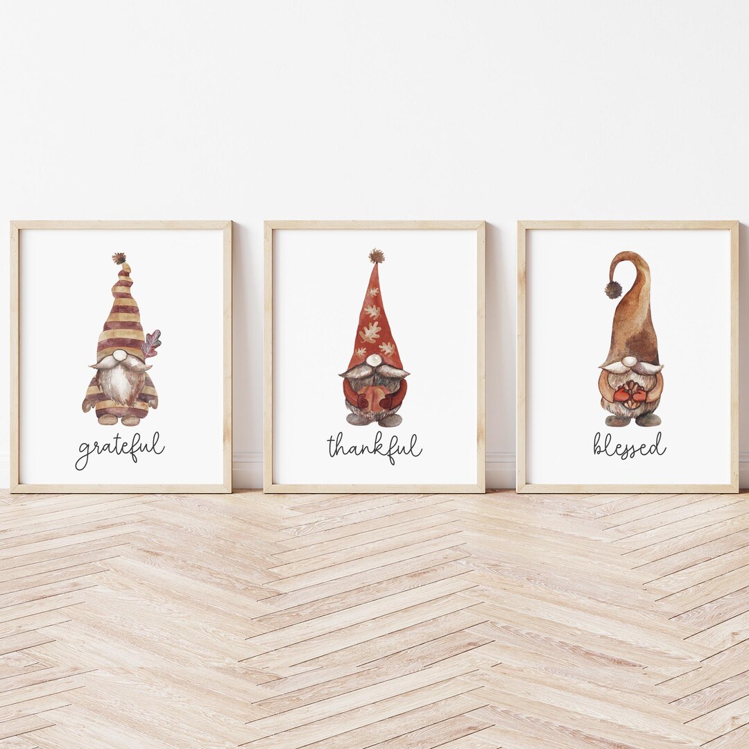 Printable Gnomes Art for Thanksgiving, Grateful Thankful Blessed, Wall ...