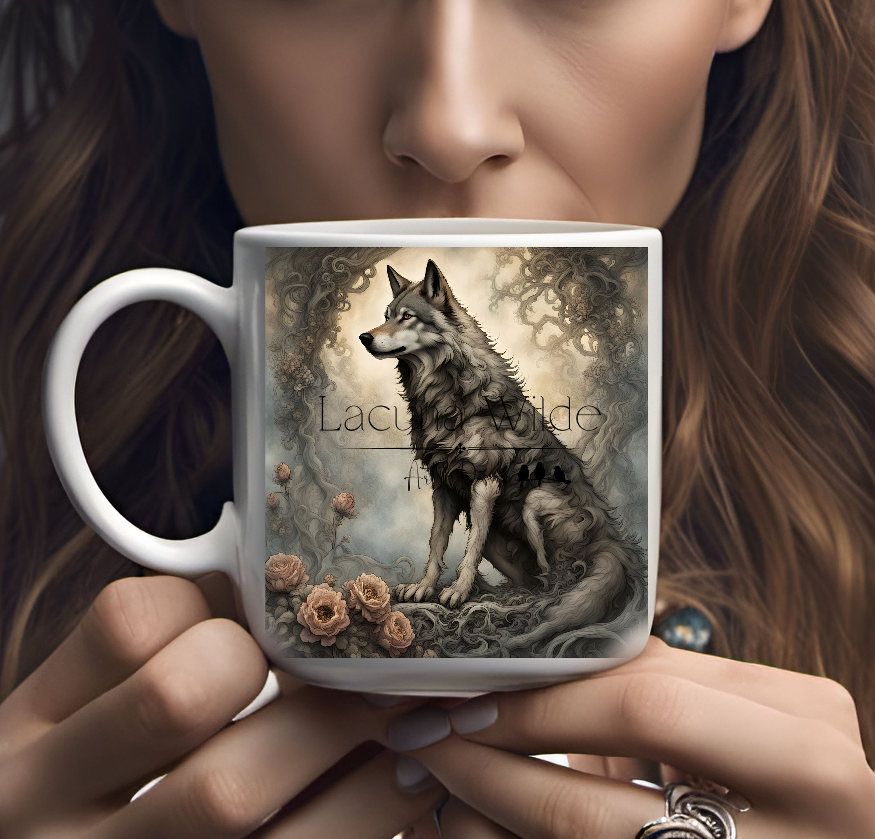 Beautiful Gray Wolf Fantasy Artist Ceramic Mug 15oz Wolf Surrounded by ...