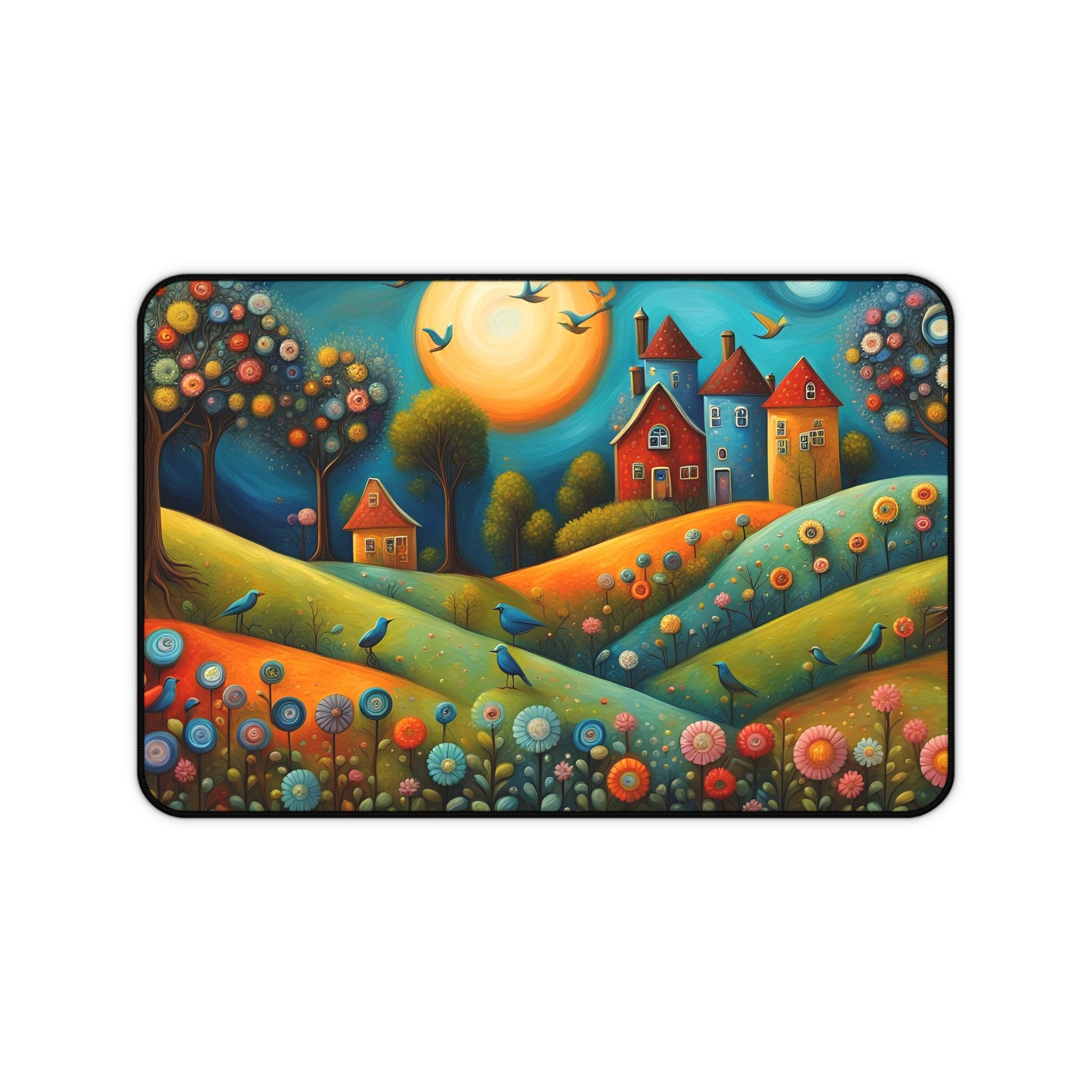 Large Folk Art Desk Mat Whimsy Art Desk Mat Flowers Trees Bluebirds ...