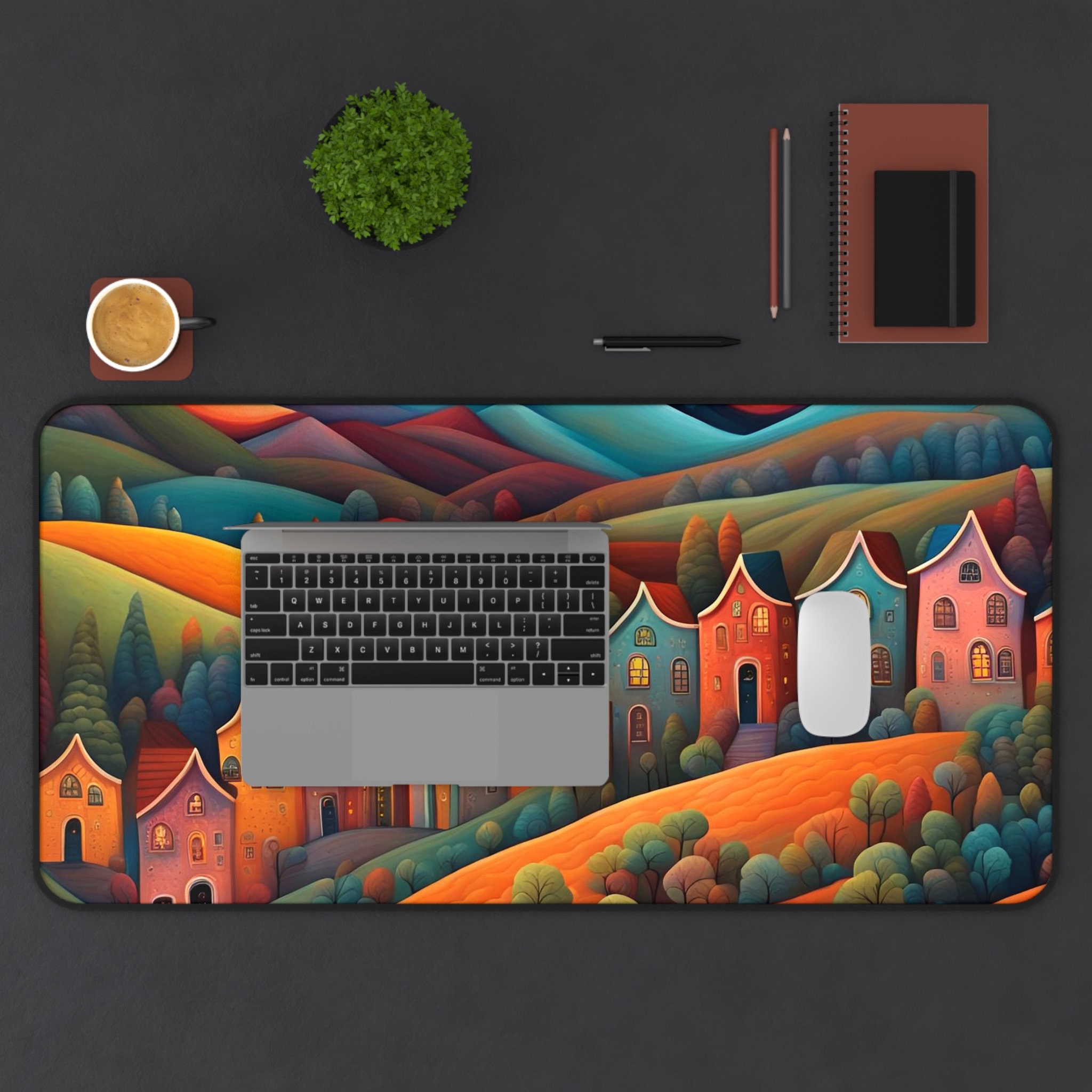Whimsy Colorful Folk Art Houses Landscape Desk Mat Large Folk Art Desk ...