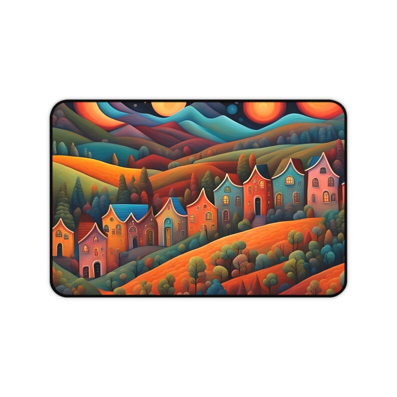 Whimsy Colorful Folk Art Houses Landscape Desk Mat Large Folk Art Desk ...
