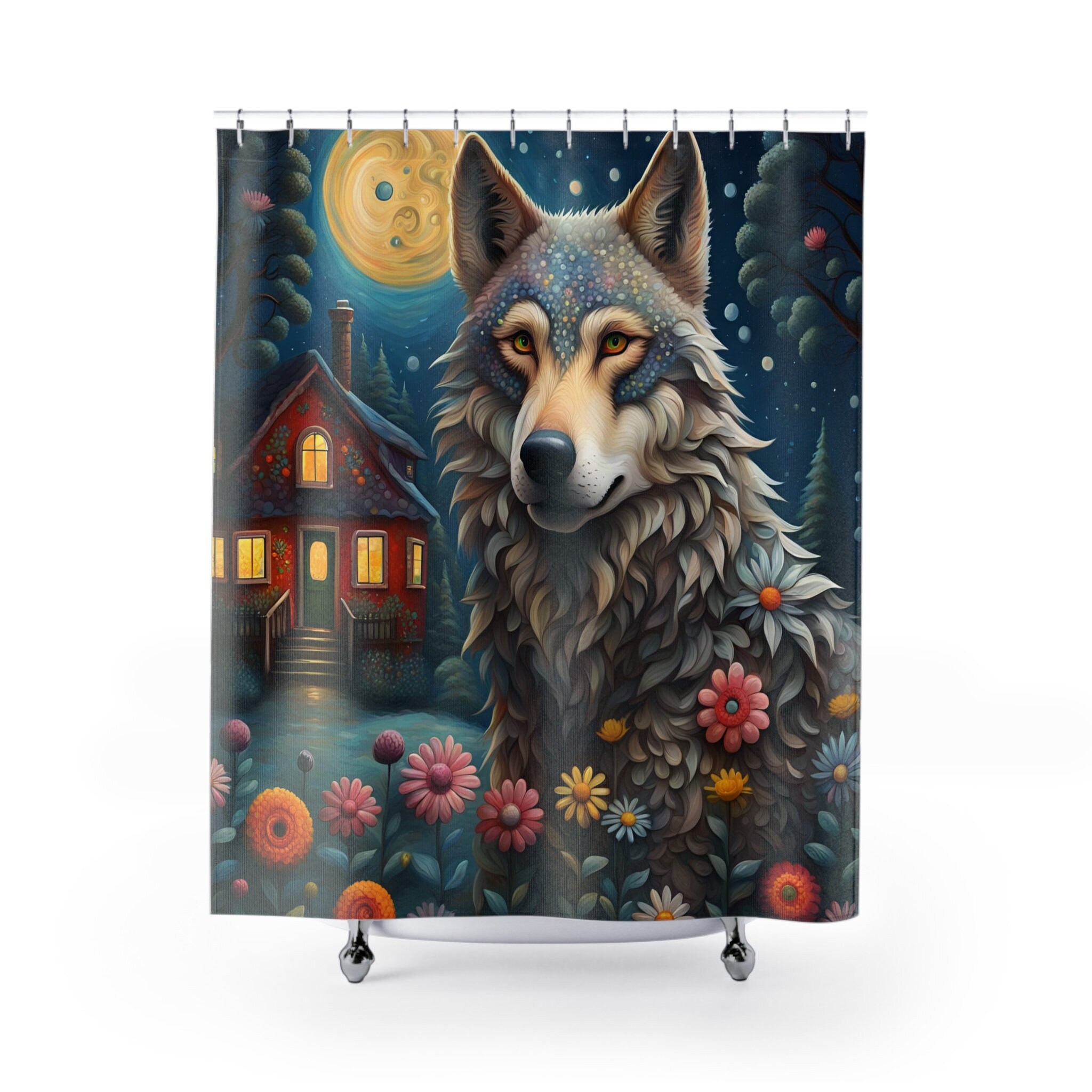 Majestic Gray Wolf Landscape With Moon and Flowers Fabric Shower ...