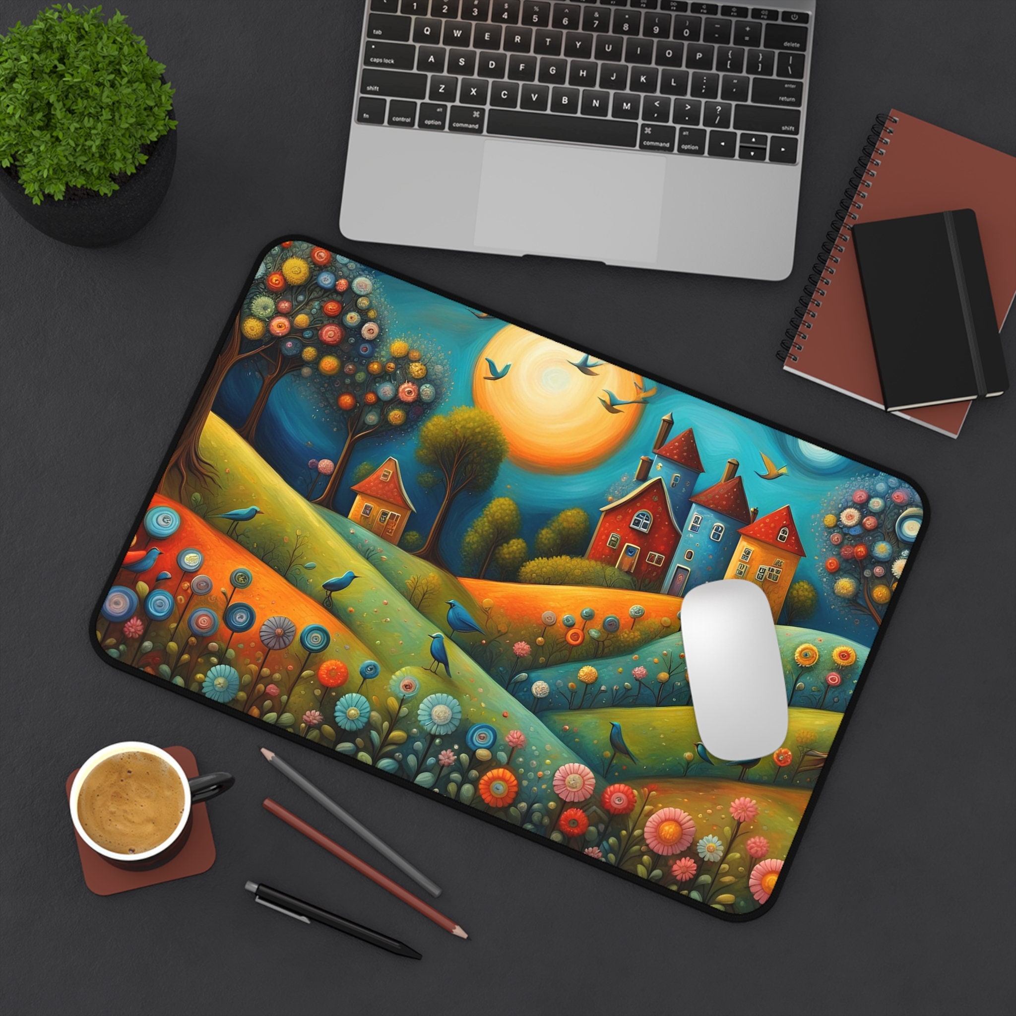 Large Folk Art Desk Mat Whimsy Art Desk Mat Flowers Trees Bluebirds ...