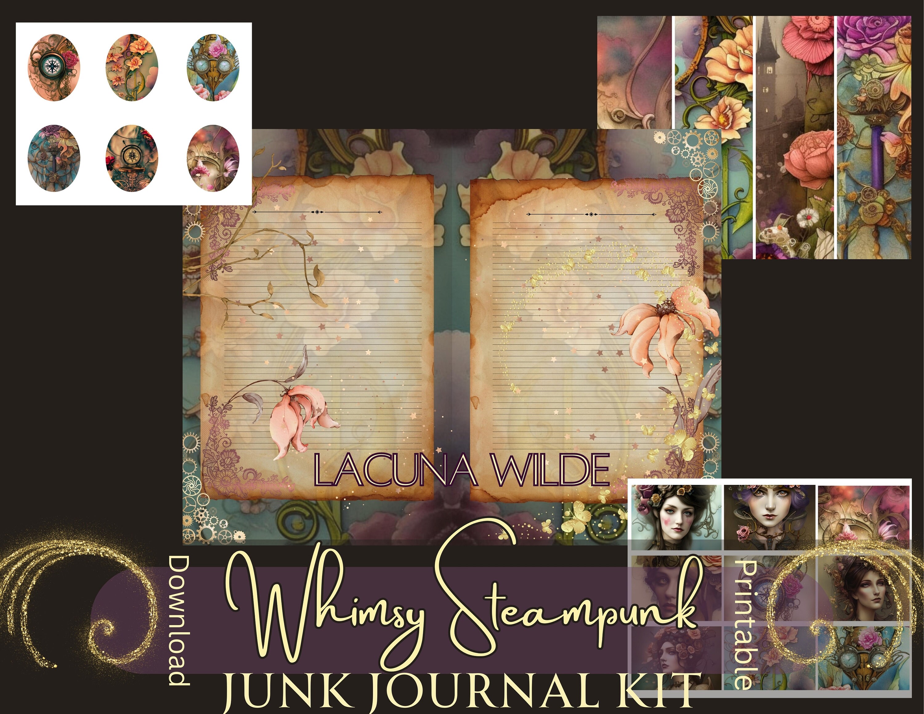 Whimsy Romantic Steampunk Junk Journal Scrapbook Collage Pages ...